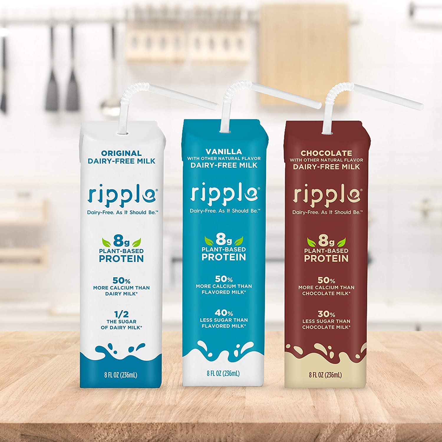 Ripple Non-Dairy Milk, Variety Pack | Vegan Milk With 8g Pea Protein | Shelf Stable Single Serve Cartons | On-The-Go | Non-GMO, Plant Based, Gluten Free | 8 oz, 12 Pack