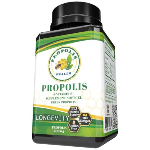 Propolis Health Propolis Capsules 1000mg-Daily with Vitamin E Per 2 Capsules - Brazilian Green Propolis Extract - Immune Booster 50 Days Supply Propolis Capsules (180 Capsules)