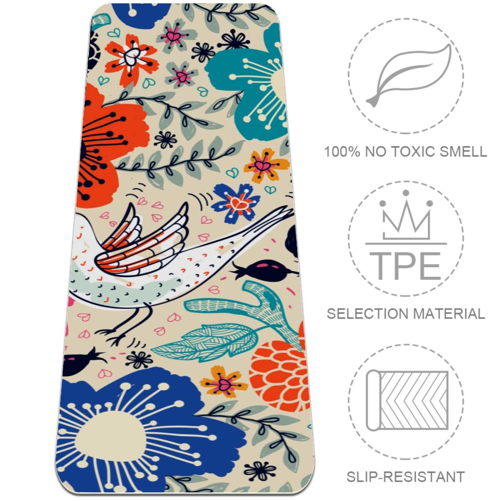 Yoga Mat, Yoga Mats for Home Workout, Workout Mat, Exercise Mats, Pilates Mat, bird plant flower pattern