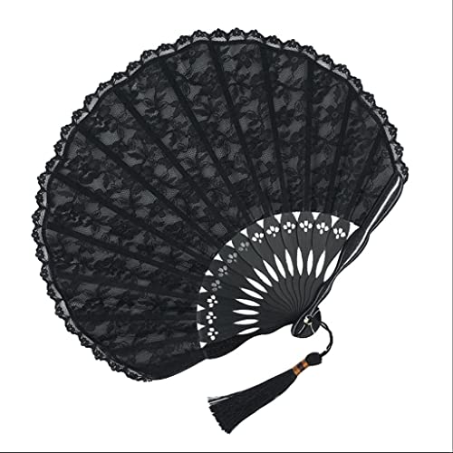 WLABS Folding Fans Black Embroidery Shell-Shaped Lace Cheongsam Folding Fan Dance Ancient Style Small Round Fan Handheld Folding Fan (Color : B, Size : 22cm)