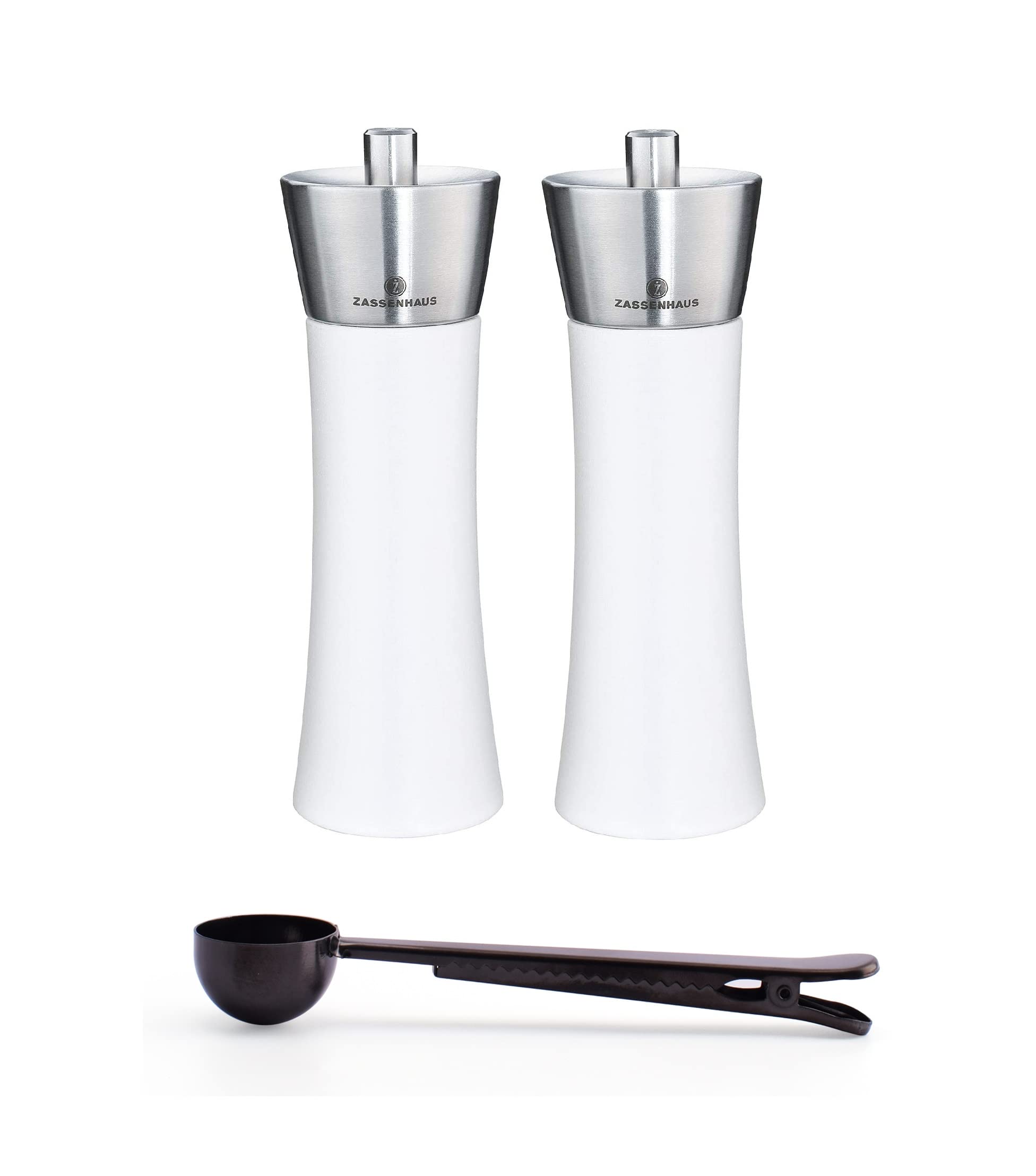 Zassenhaus Augsburg Salt & Pepper Grinder Mill, Gift Set 7-Inch, Gloss White & Stainless Steel - With Stainless Steel Spice Scoop & Clip