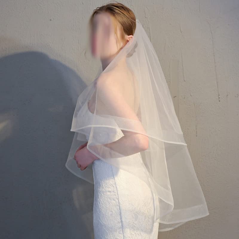 XBWEI 2 Tier Short Illusion Veils Longest Tulle 35" Wedding Bridal Veil with Metal Comb White Hair Accessories for Bride