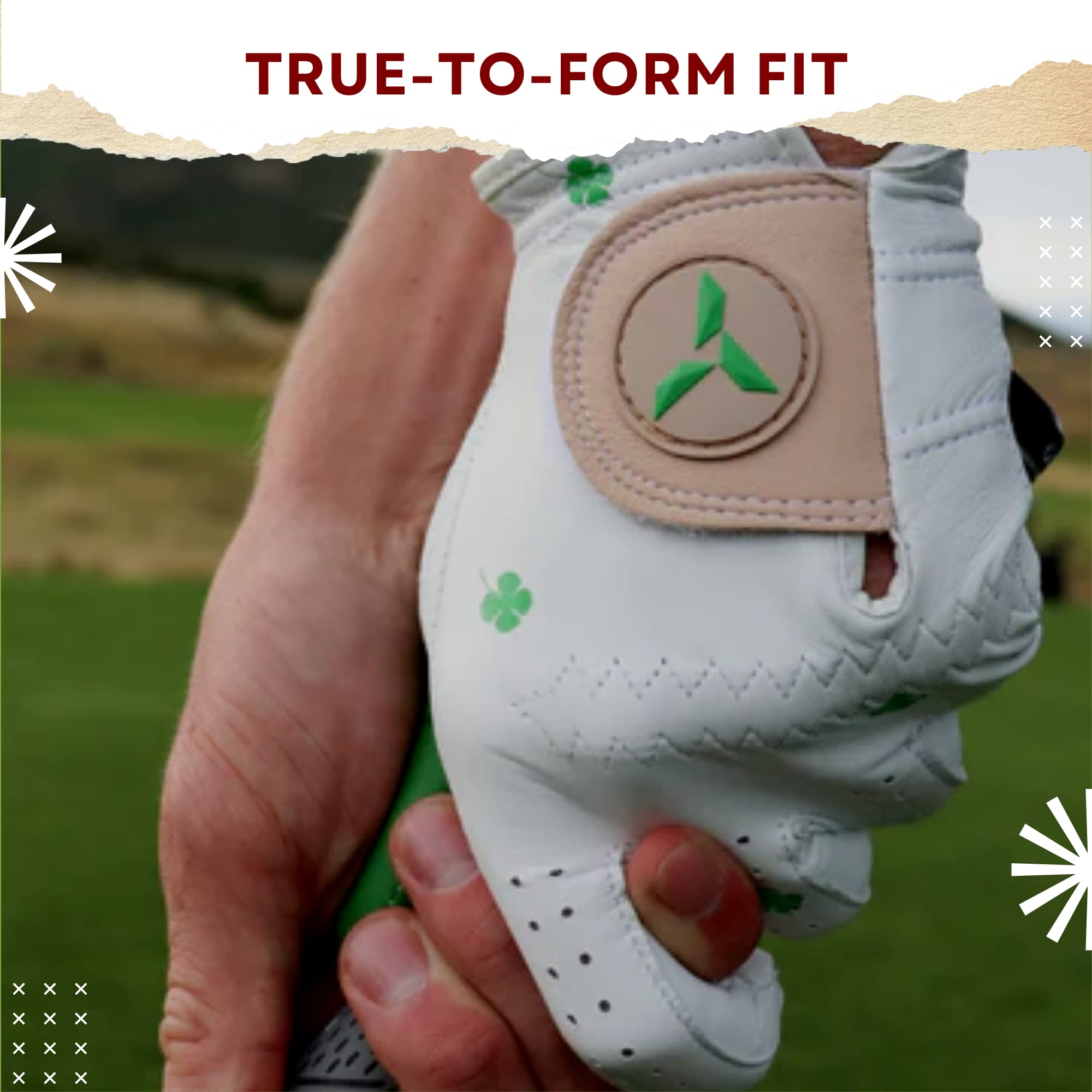 YATTA GOLF Men's Premium Left Hand Golf Glove – Comfortable, Durable, Precisely Cut, & True-to-Form Fit Cabretta Leather Golfing Glove – Lucky Green Glove with Clover-Leaf Pattern (Medium)