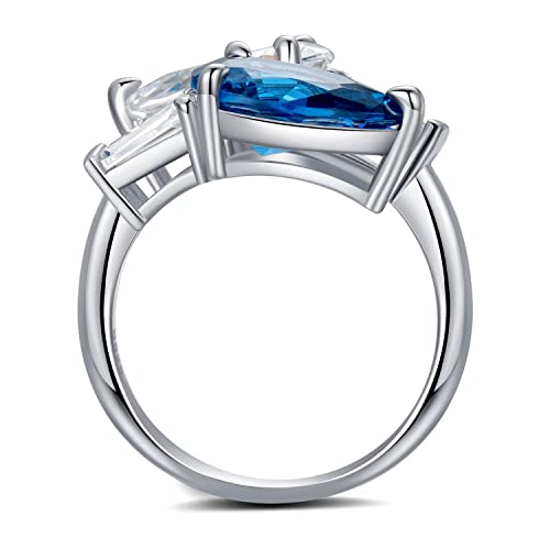 通用 2pcs 4CT Pear Cut Blue & White Zircon Engagement Ring, Rhodium Plated 925 Sterling Silver Two Stone Wedding Anniversary Promise Ring for Her (Silver, 7)