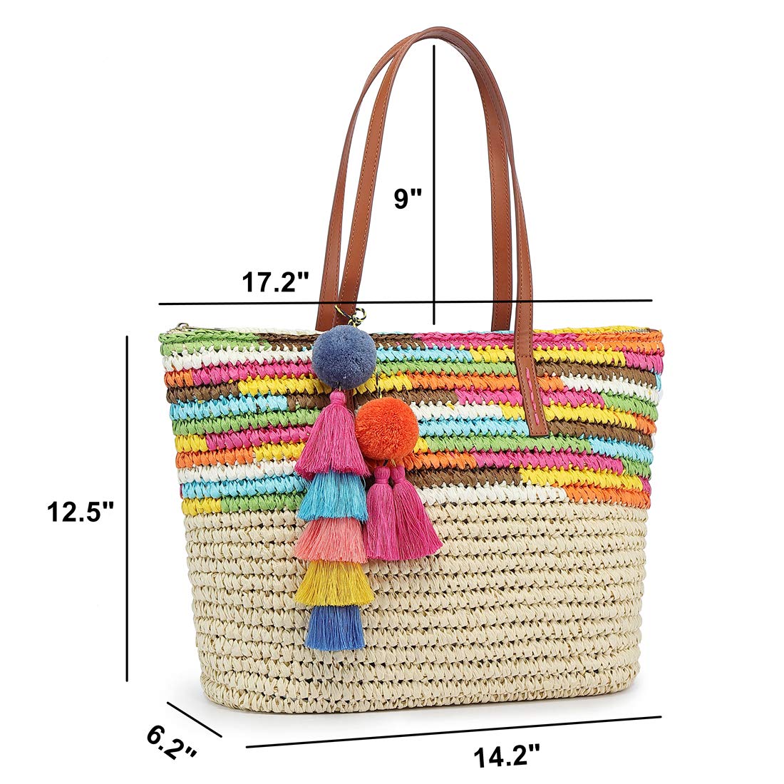 SkiPack Multi Color Summer Straw Zipper Tote Purse Large Beach Shoulder Bag with Pom Pom and Tassel (Beige)