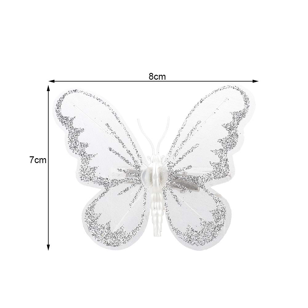RTWAY Glitter Christmas Butterfly, 24 PCS 3D Glitter Artificial Butterfly Clip on Christmas Tree Ornaments for Wedding Holiday Party Home Decor