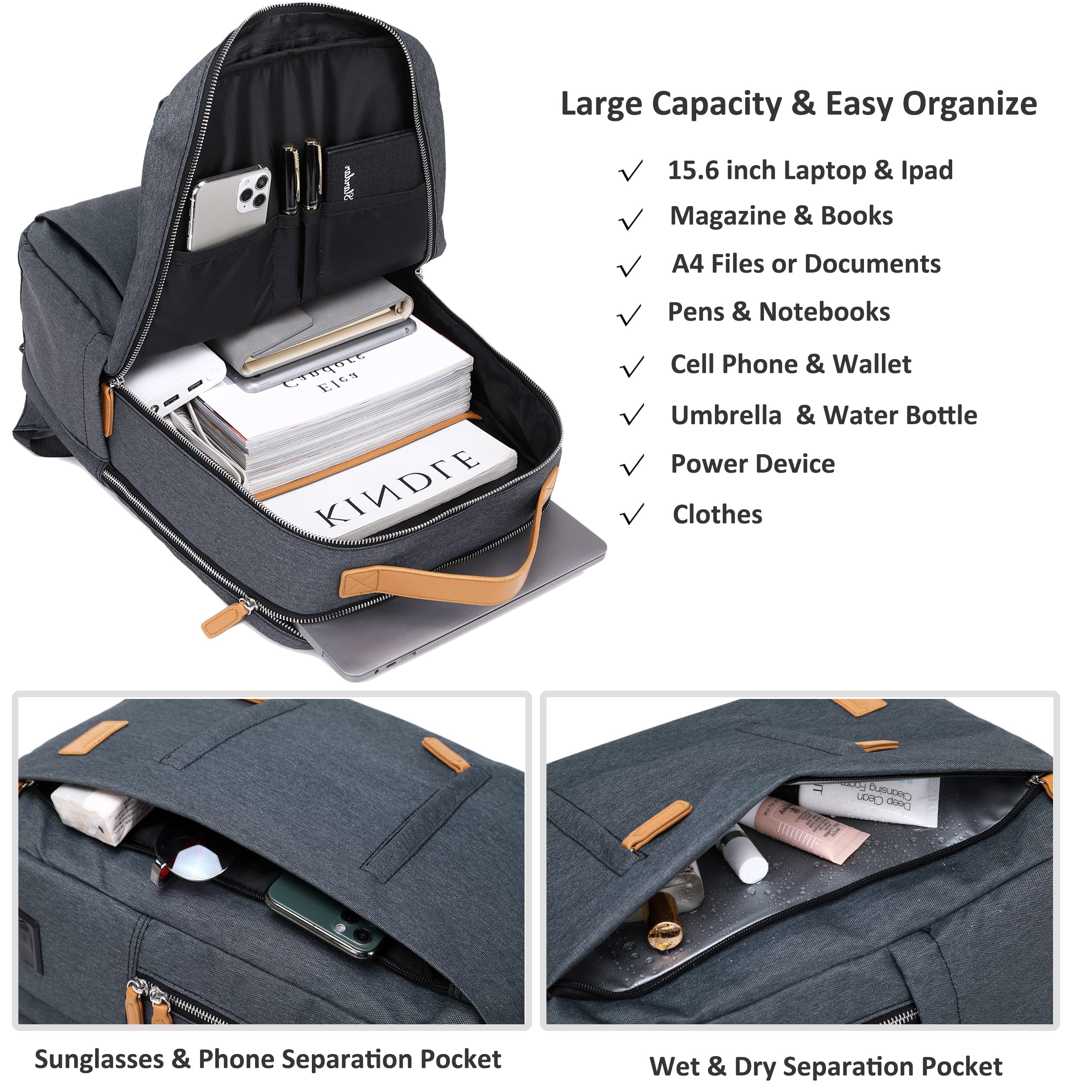Smart Laptop Backpacks 15.6 inch for Women Men Business Travel Weekender Carry on Backpack with USB Charging Port & Wet Pocket Large School