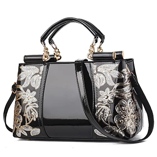 XingChen Shiny Patent Women PU Leather Handbags Embroidery Shoulder Bags Fashion Satchel Purses Top Handle Bags(Black)