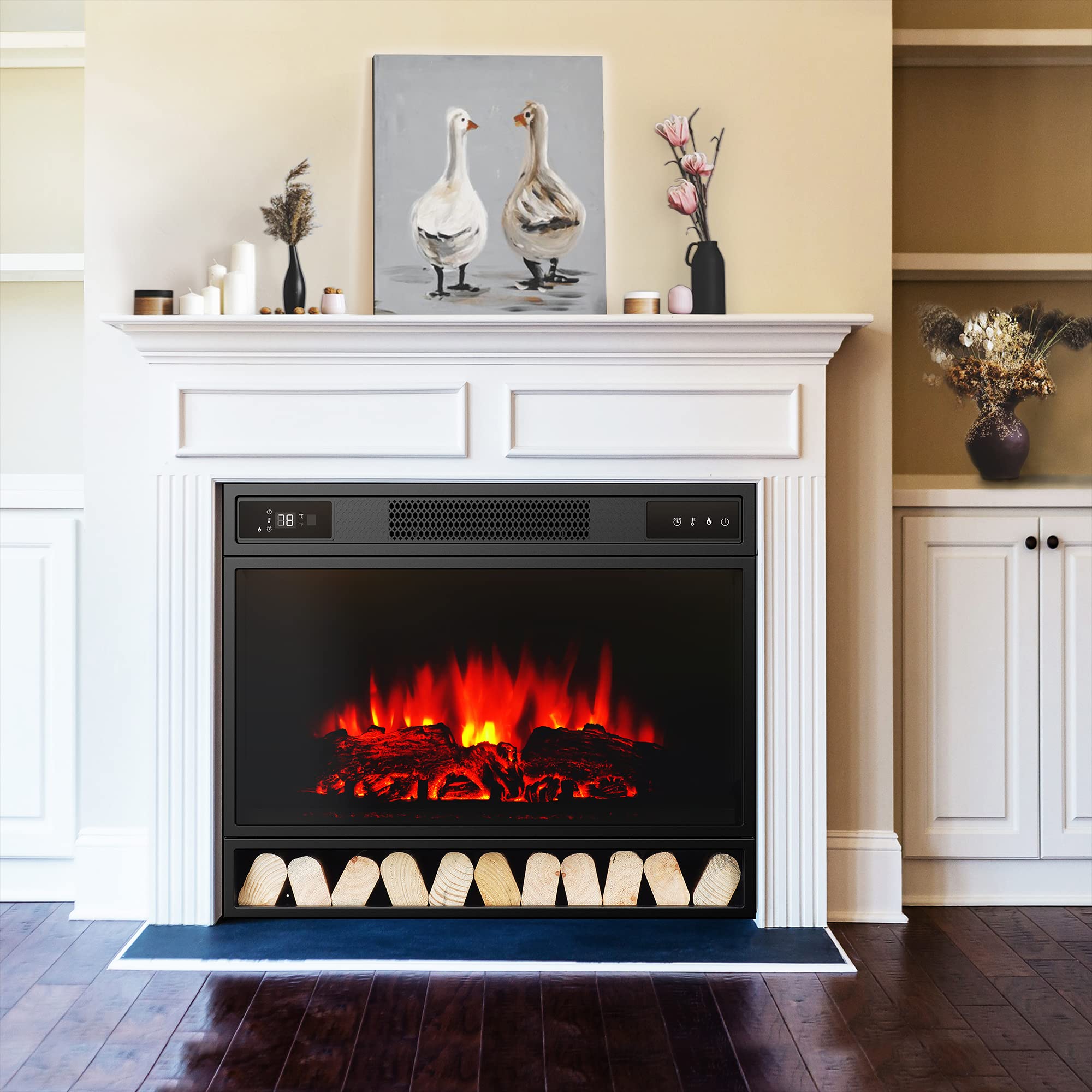 VANSTON Recessed Electric Fireplace 26'', Electric Fireplace Insert with Timer and Child Lock, Electric Fireplace with Remote and Storage of Wooden Decorations, Black,25 63/64 Inches