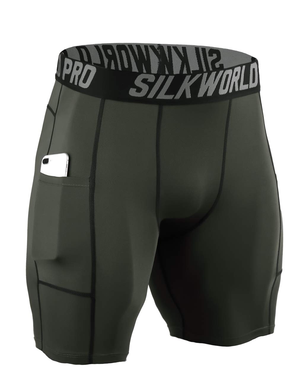 SILKWORLD Men's Compression Shorts Pockets Sports Running Tight,Dark Olive Green,L