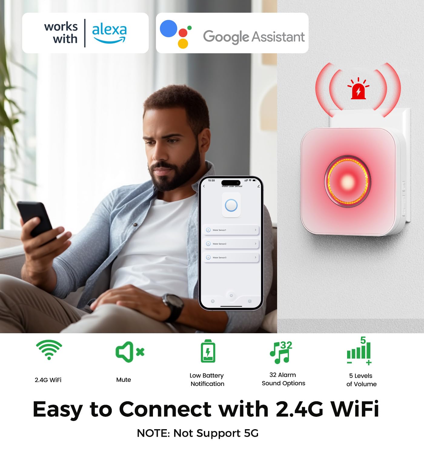 Smart Water Leak Detector,WiFi Water Sensor Alarm,110dB Adjustable Audio Alarm,IP65 Waterproof,4 Sensor Probes,32 Ringtones,app Control for Home,Kitchen,Bathroom,Basement