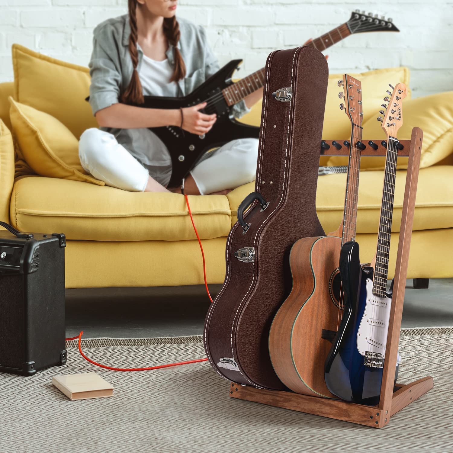 XCSOURCE Guitar Stand for Multiple Guitars, Guitar Holder with Felt Pad and Pick Slot for 5 Bass&Electric, 3 Acoustic&Classical, 3 Guitar Case, Guitar Display Rack for Home or Studio(Wood Color)