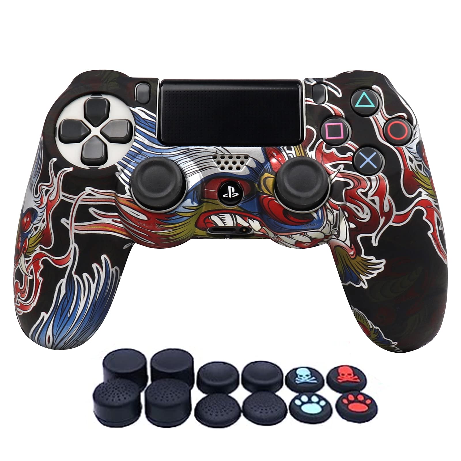 RALAN Dragon Design Controller Skin Silicone for PS4, Non-Slip Grip Cover Protector Compatible with Playstation 4/PS4 Slim/PS4 Pro Controllers with 12 Thumb Grip Caps