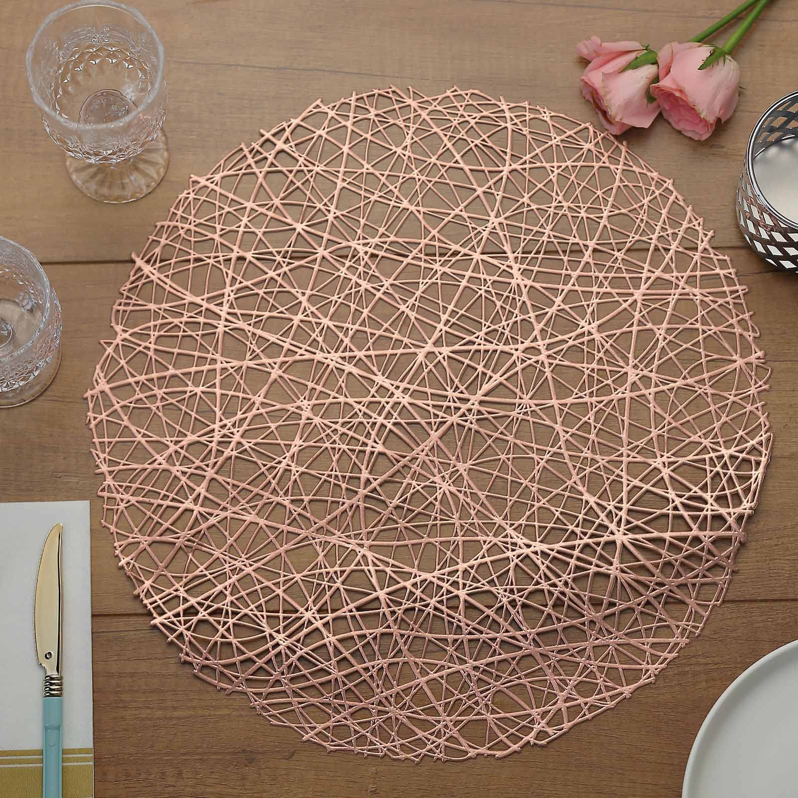 TABLECLOTHSFACTORY 6 Pack | 15" Rose Gold Round Woven Vinyl Placemats | Non Slip Dining Table Placemats for Wedding Events Birthday Party