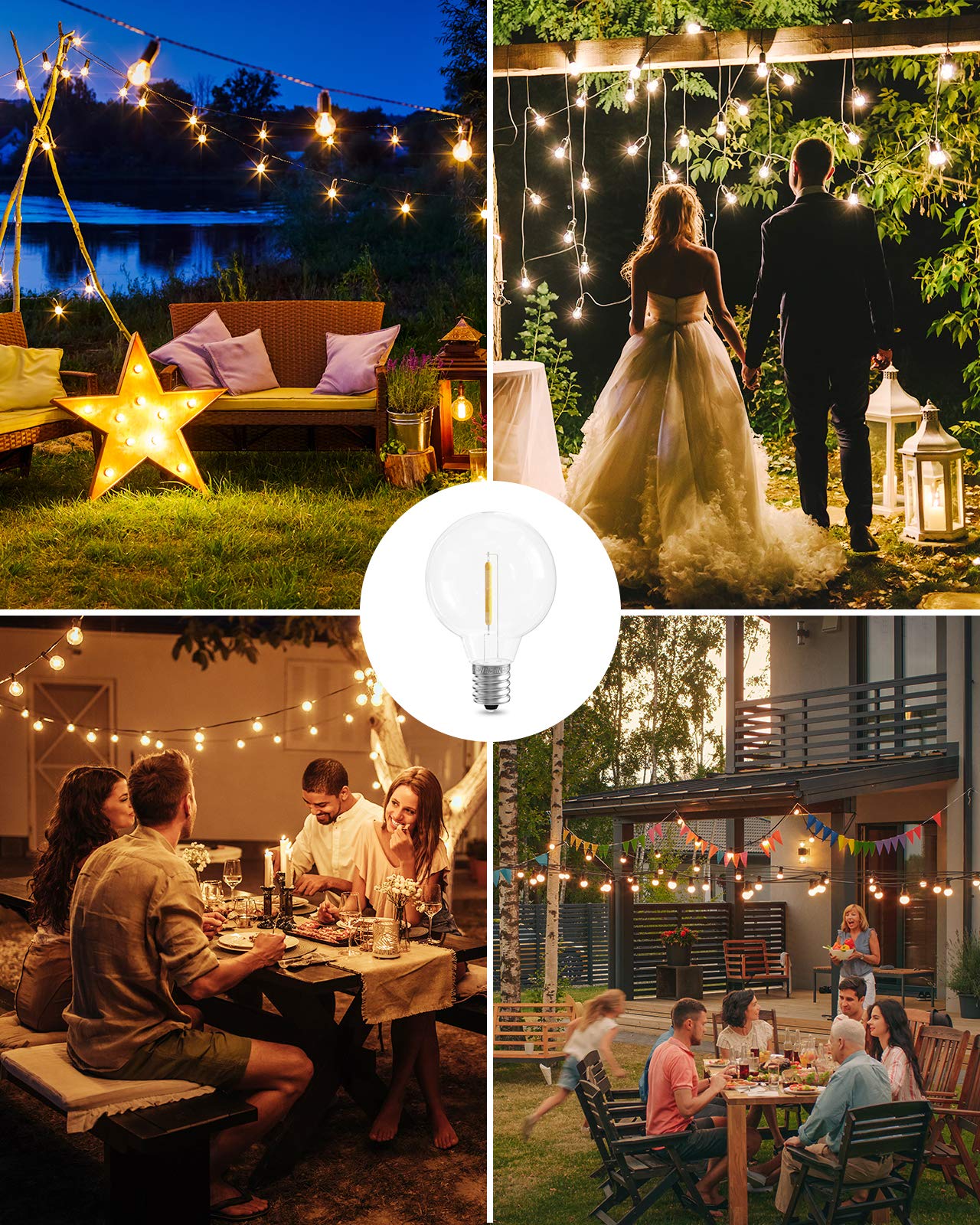 SHINESTAR 25-Pack G40 LED Bulb Replacement, 2700K Warm White, E12 Outdoor String Lights, Shatterproof, Dimmable