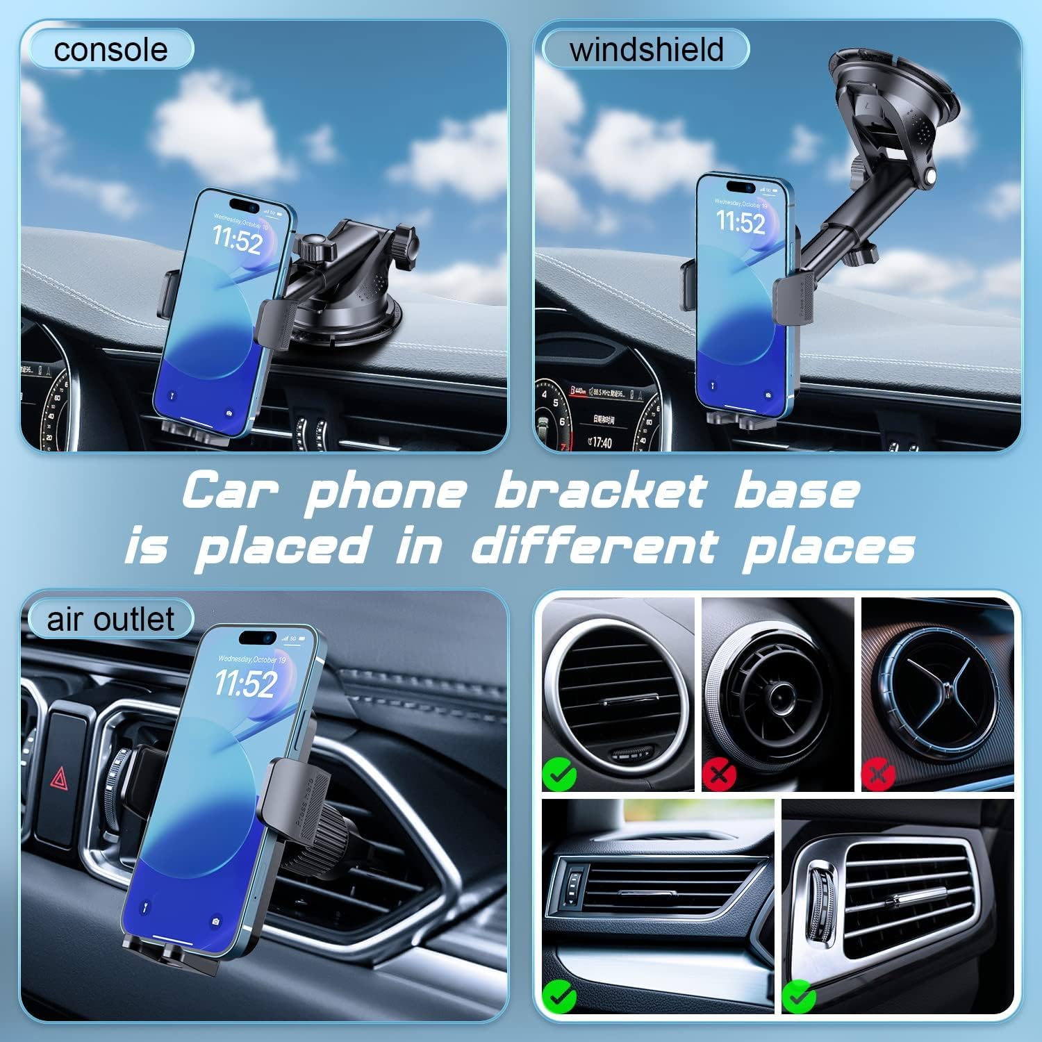 SUUSON Car Phone Holder Mount【Upgraded】-【Bumpy Roads Friendly】 Phone Mount for Car Dashboard Windshield Air Vent 3 in 1,Hand Free Mount for iPhone 14 13 12 Pro Max Samsung All Cell Phones