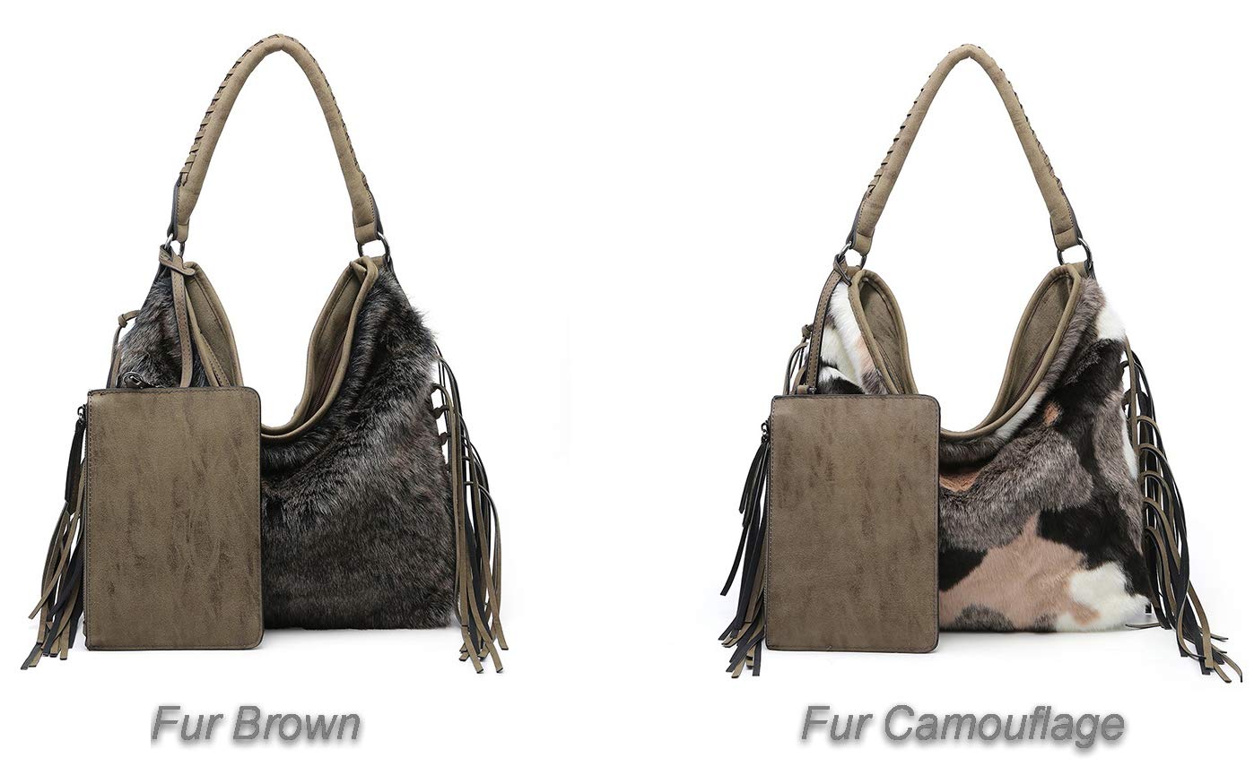SHOMICO Fur Hobo Bag Fringe Purse for Women Boho shoulder Big (Fur Camouflage)