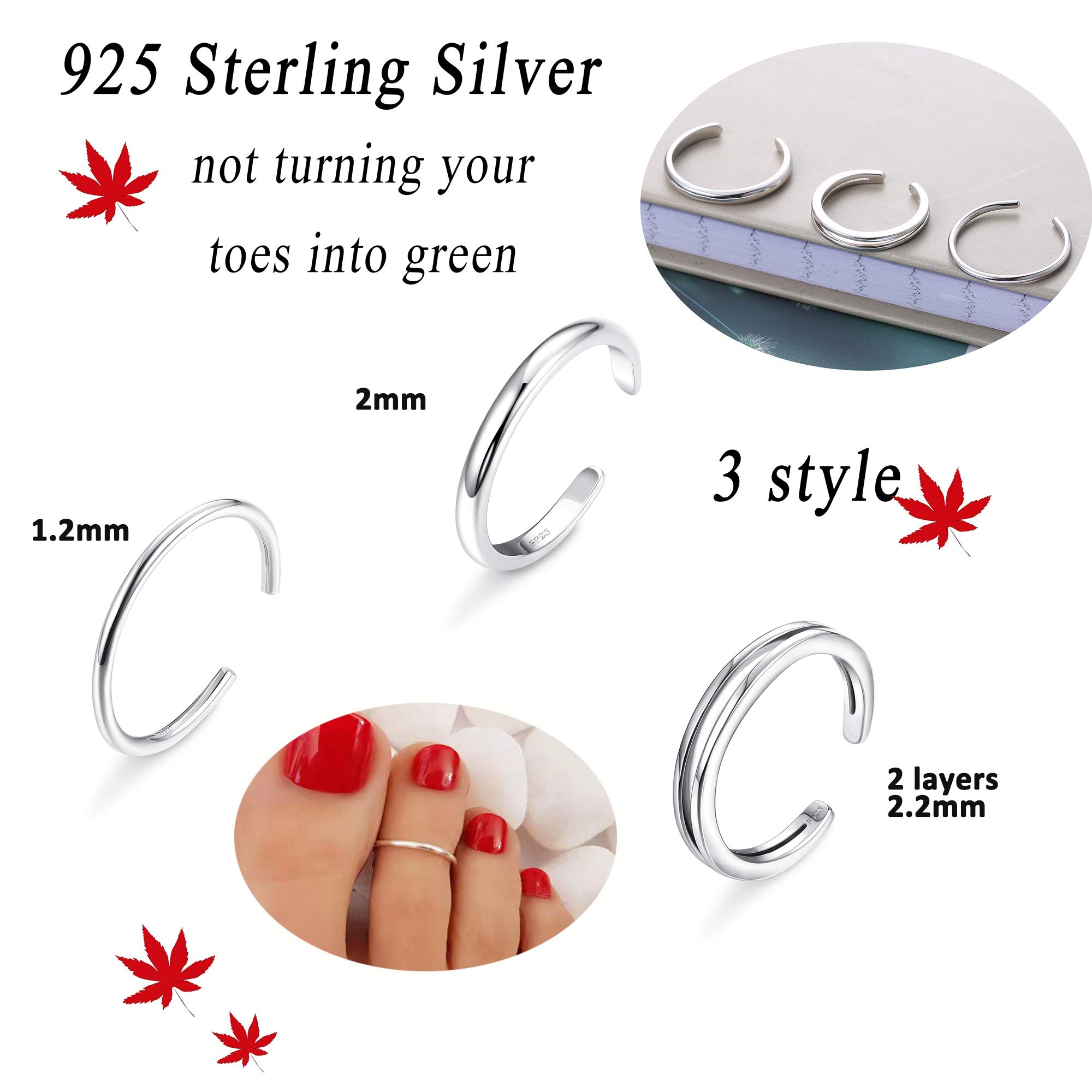 Sllaiss 3PCS 925 Sterling Silver Toe Rings for Women Girls Simple Open Thin Band Ring Adjustable