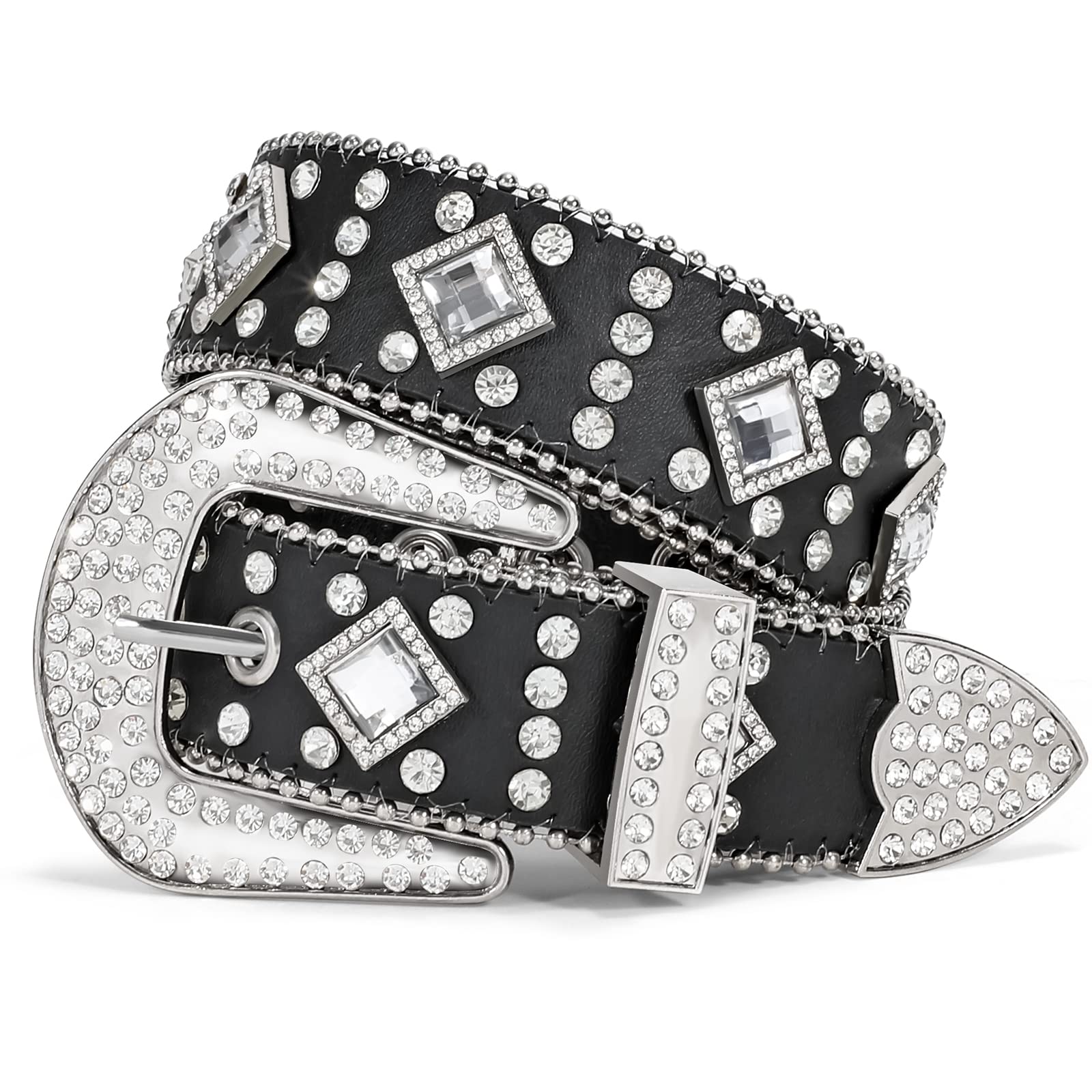 WERFORU Women Men Rhinestone Studded Western Leather Belt Ladies Vintage Bling Cowgirl Cowboy Waist Belt for Jeans Dress (D-Black, Fit Waist Size26-30 Inches)