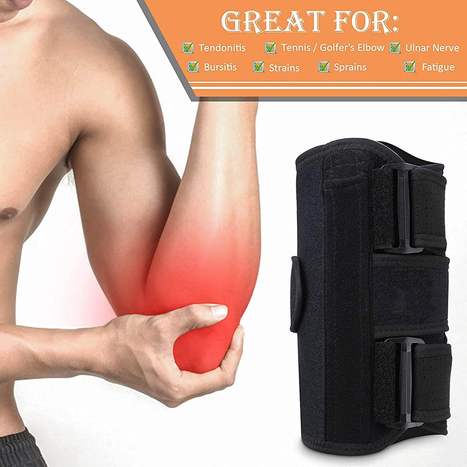 TSUSF Elbow Splint Brace, Adjustable Post Op Elbow Joint Orthosis with Spring Stabiliser, Breathable Elbow Support for Joint Pain Relief, Injury Recovery Night Protector