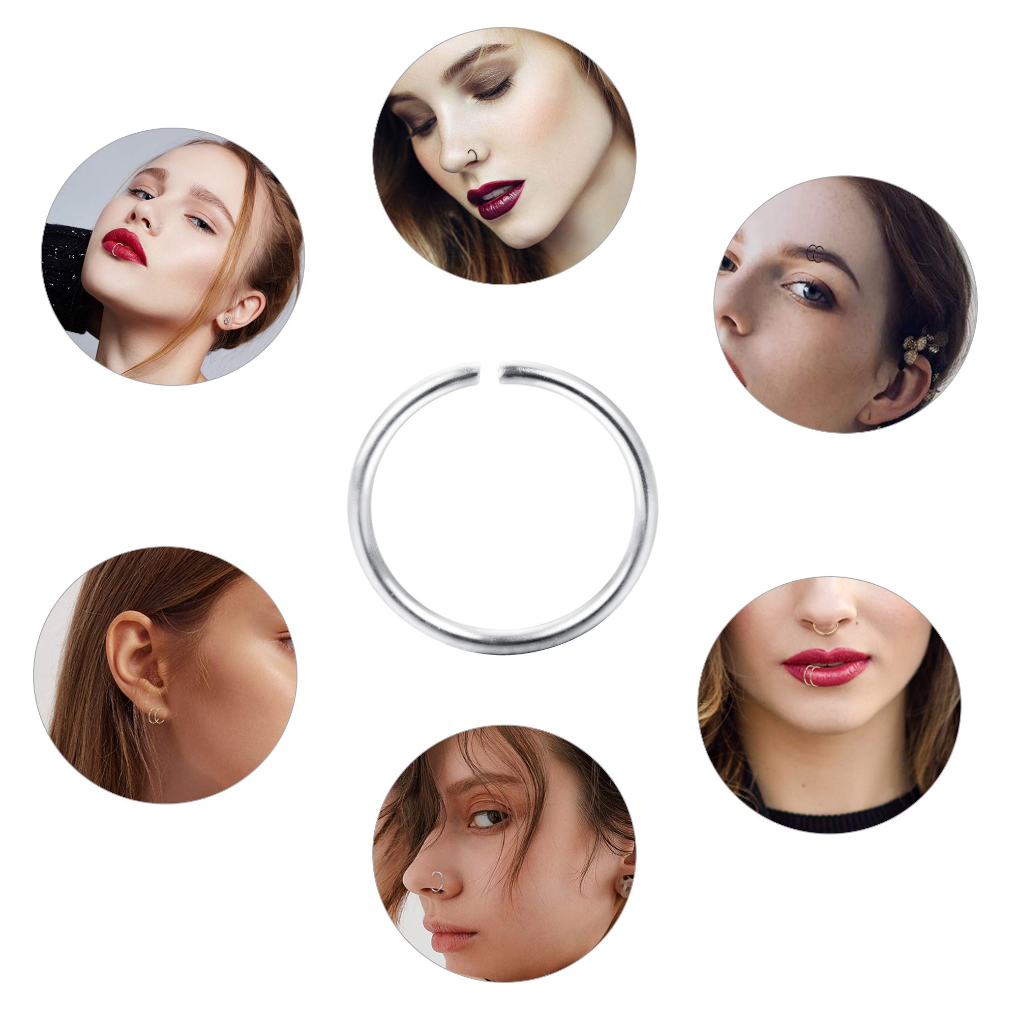 Sllaiss 6Pcs Sterling Silver 22G Nose Ring Hoop 8MM Cartilage Earrings 14K White Gold Black Plated Labret Conch Piercing Jewelry