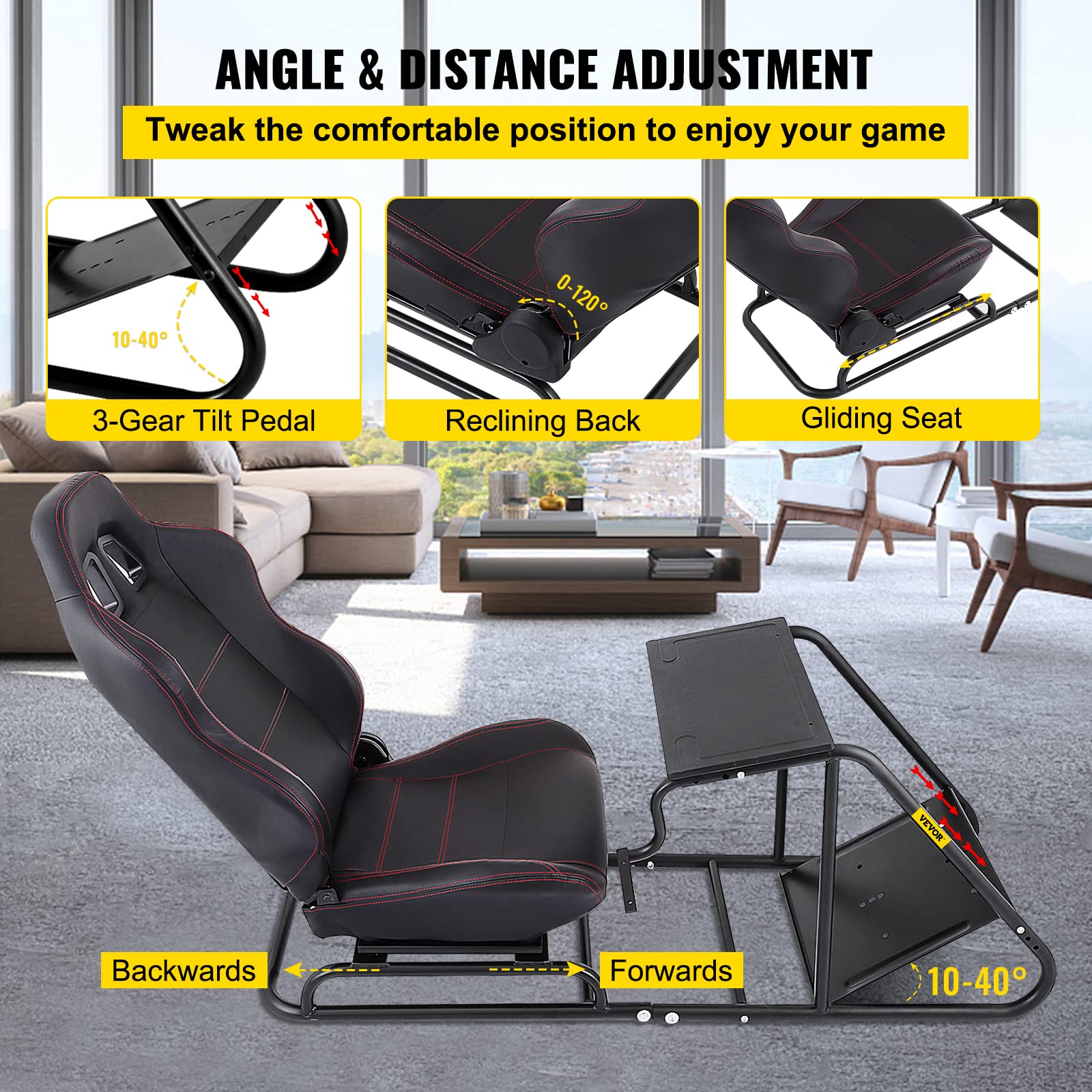 VEVOR Racing Wheel Stand, Pedal and Seat Adjustable Racing Simulator Cockpit, Carbon Steel Gaming Wheel Stand, Game Chair Highly Compatible with Logitech Wheels, Thrustmaster Wheels, PS3/4, Xbox 360
