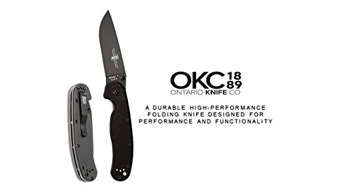 Ontario Knife Company 8846 Rat-1 Black Coated AUS-8 Stainless Steel 3.6 in Plain Edge Blade Nylon Handle 4-Position Reversible Clip Folding Knife for Outdoor, Tactical, Survival & EDC (Black)