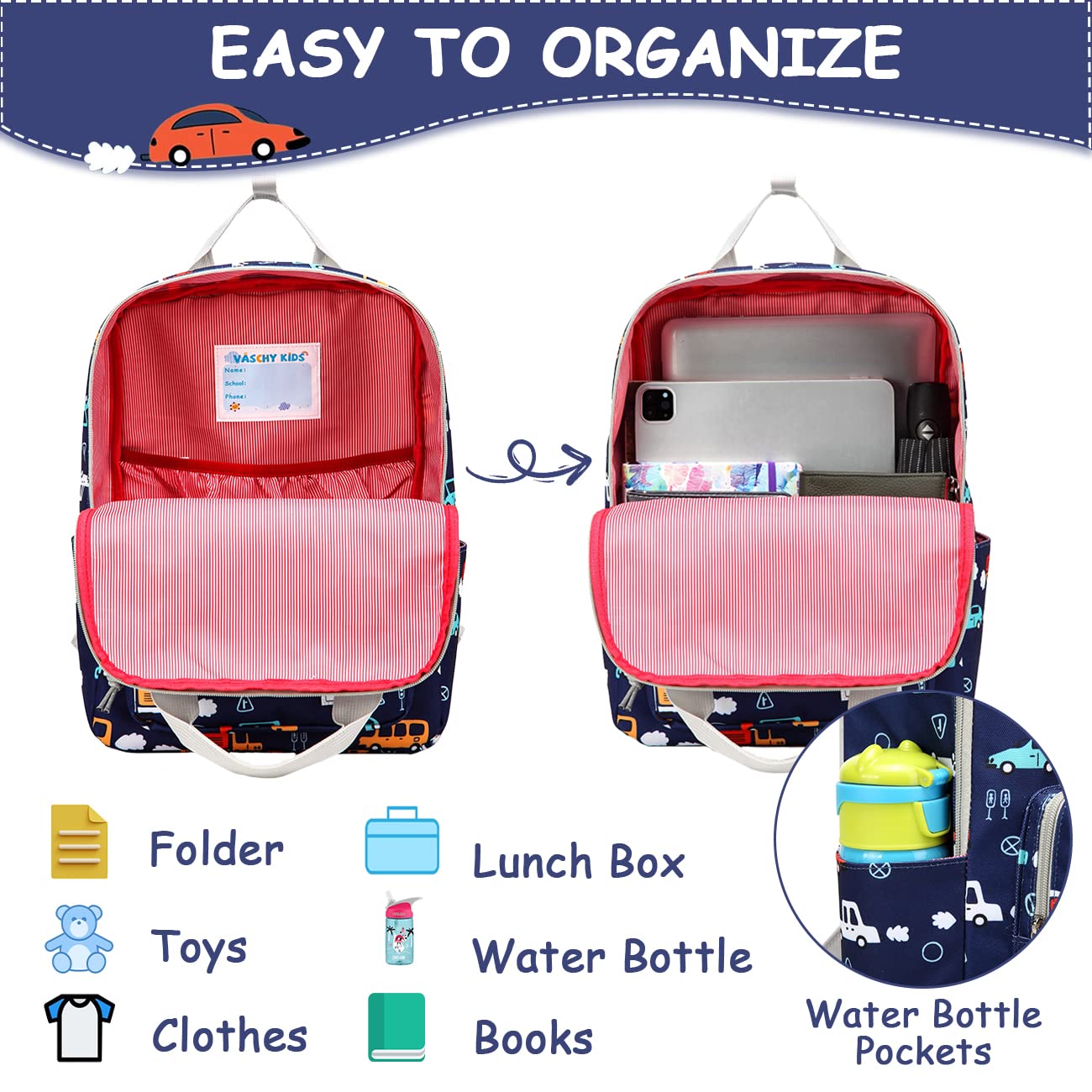 VASCHY Toddler Kids Backpack, Little Boys Lightweight Cute Top Handle Preschool Backpack Tablet Bag for Daycare Kindergarten Vehicles