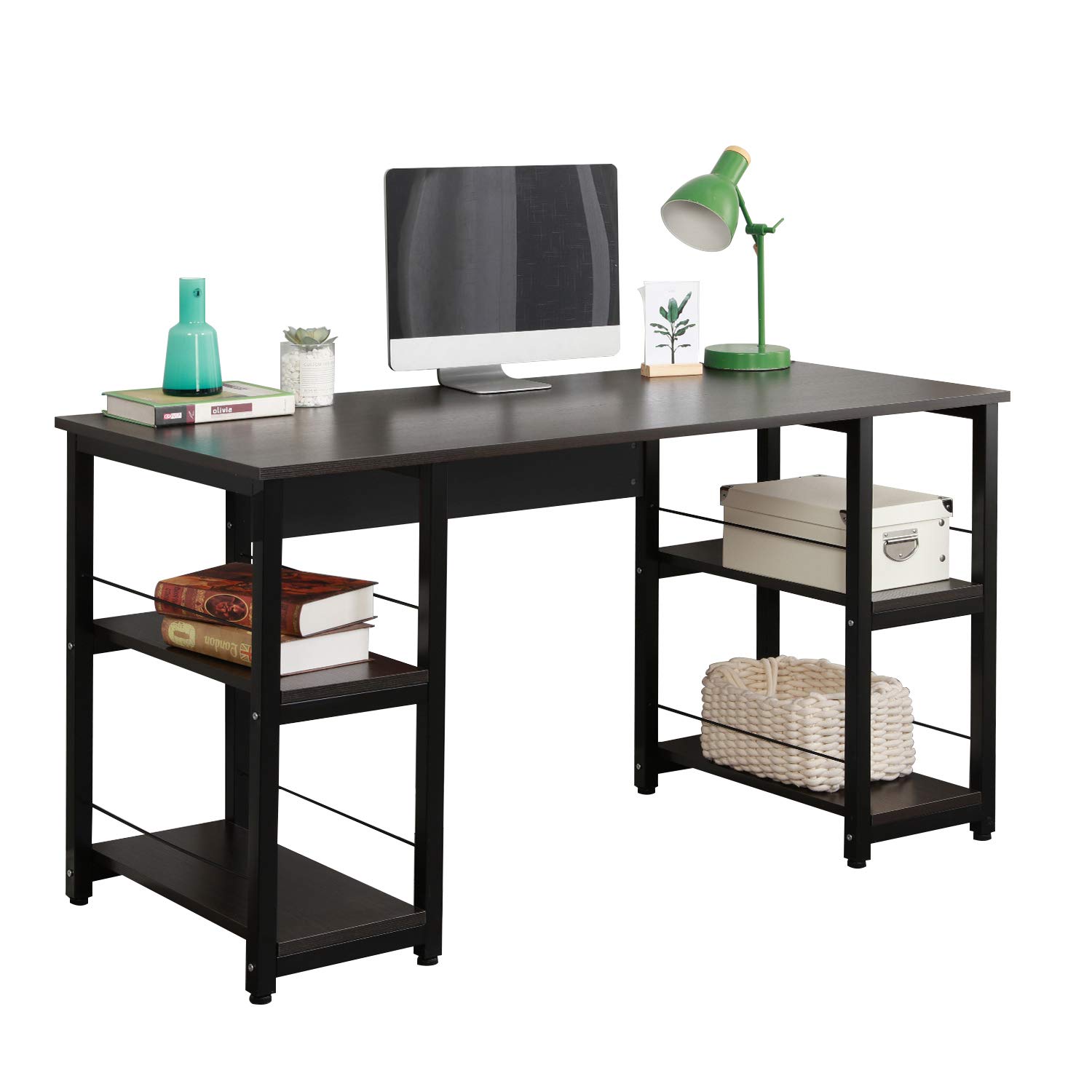 SogesGame Computer Home Office Desk, 55 Inch Study Writing Table with Storage Shelves, Modern Simple Style PC Desk, Black