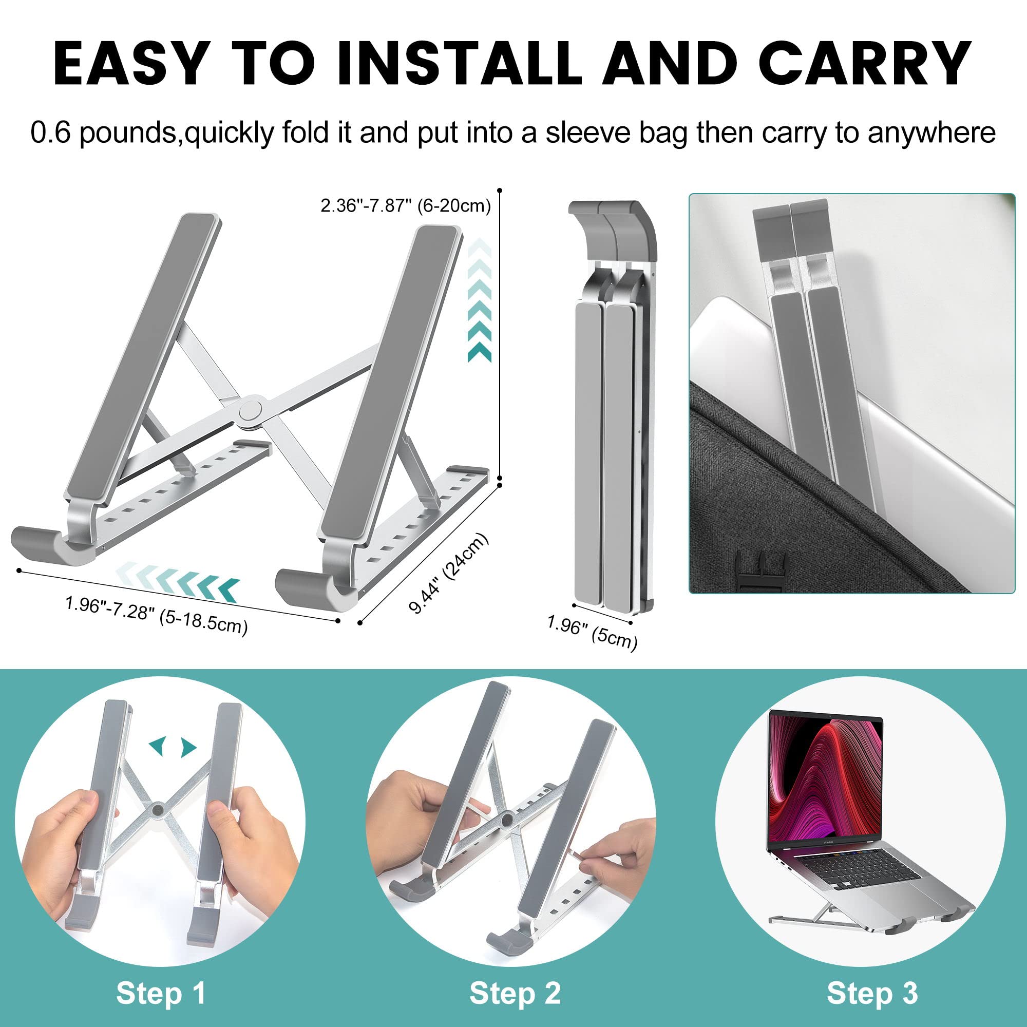 Vaselin Desktop Laptop Stand, Aluminum Alloy Computer Stand,Adjustable Height Ergonomic Laptop Stand,Foldable Laptop Stand Grade 9 Non-Slip,Stand for 9-15.6'' Tablet, Laptops(Silver)