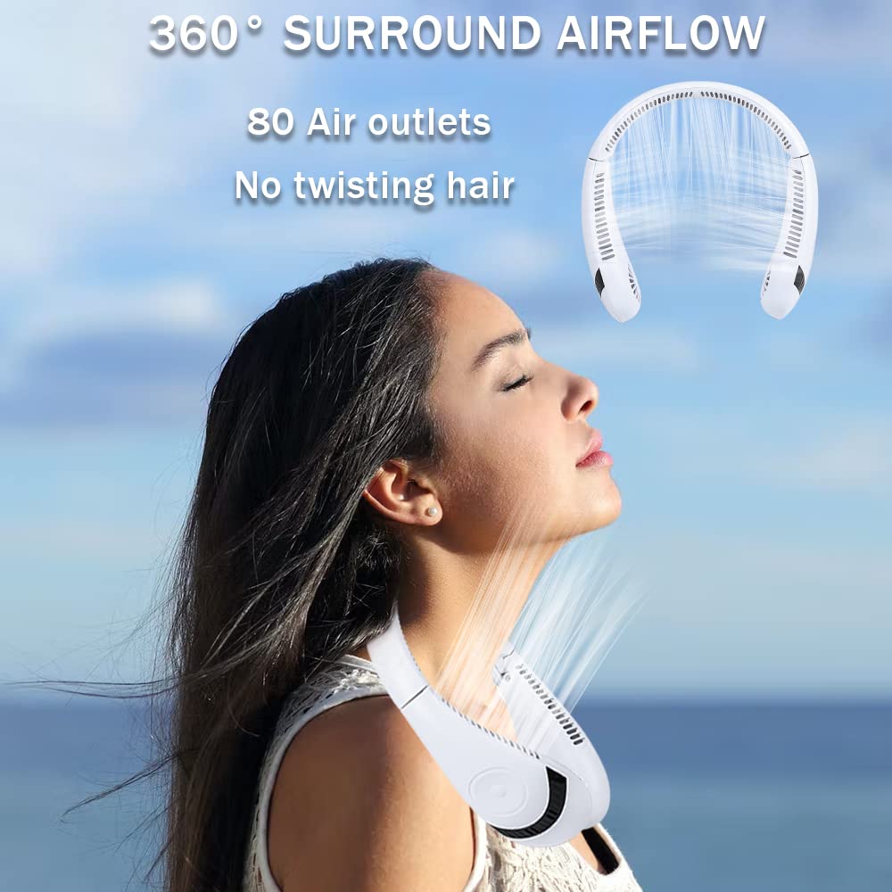 XASERDY Portable Neck Fan Clearance,5000mAh Bladeless Hands Free Fans,Rechargeable Foldable Personal Fan,USB Powered Desk Fan,Leafless Hanging Fan-White