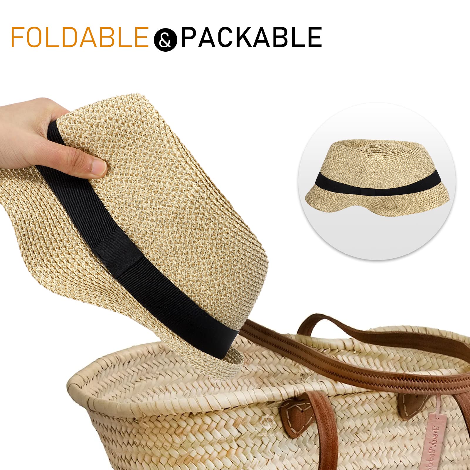 Womens Short Brim Straw Sun Hat Fedora Trilby Hat Panama Men Roll Up Packable Beach Hats…