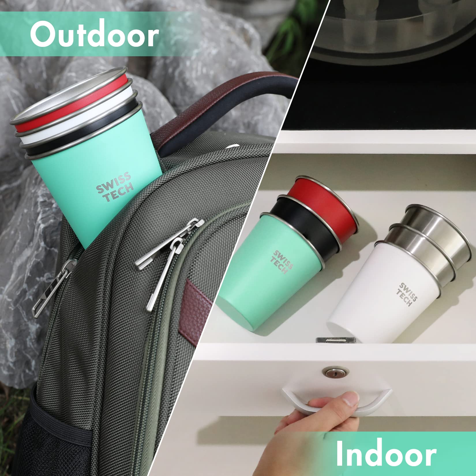Swiss+Tech 14 oz Stainless Steel Cups, 6 Pack Stackable Pint Cup For Travel, Outdoor and Home, Multicolor