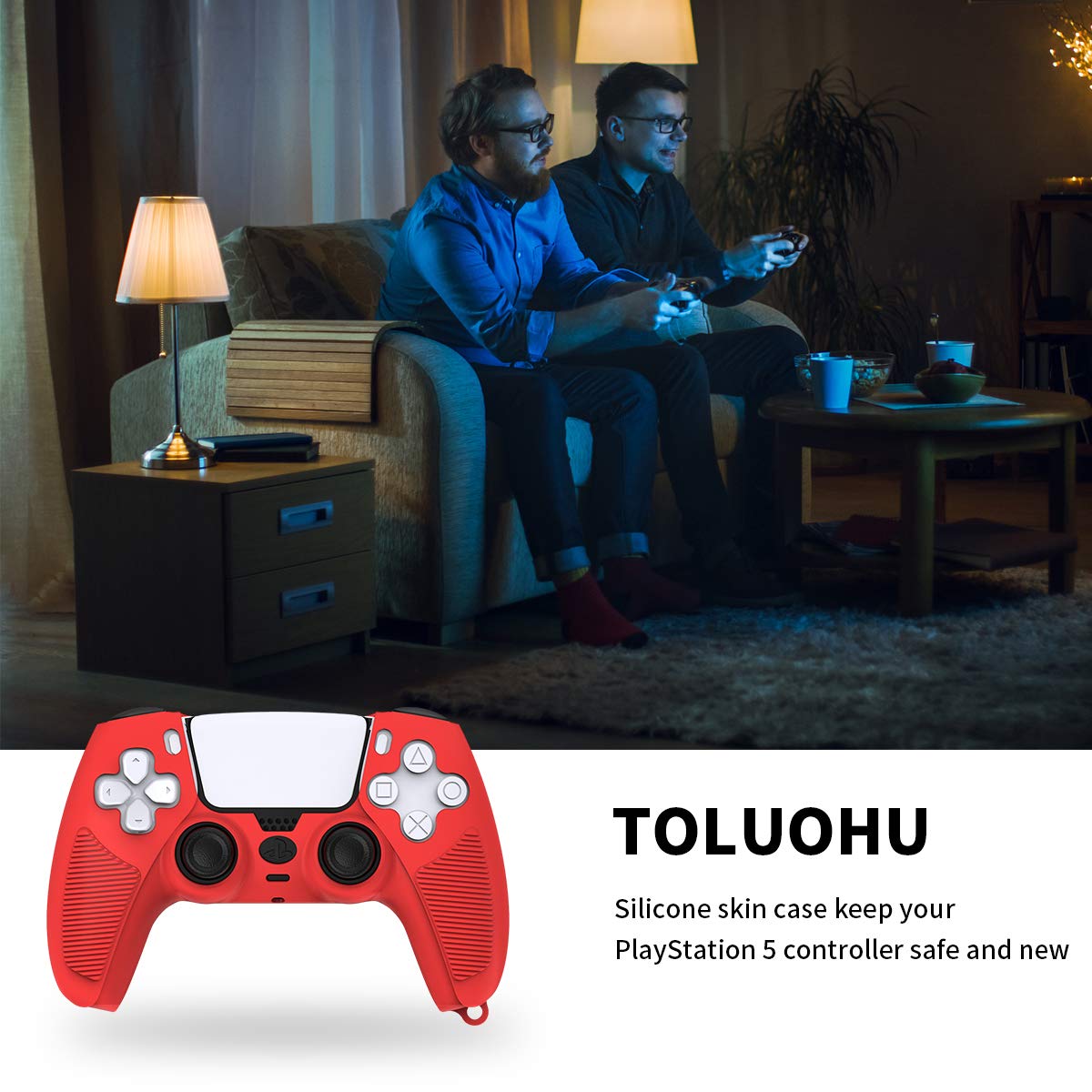 TOLUOHU Silicone Case Cover Skins for Sony PS5 DualSense Controller, Anti-Slip Design Silicone Protector Case Accessories Set for Playstation 5 Gamepad with 4 Thumb Grips/1 Hand Strap(Red)