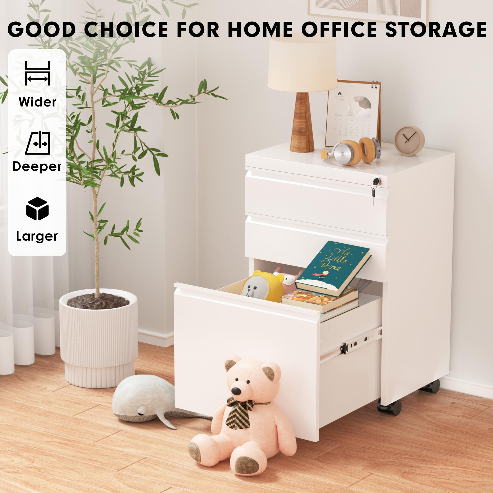 Pataku White File Cabinet 3 Drawer, Mobile File Cabinet with Lock and Wheels, Under Desk Metal Filing Cabinet for Office,Lockable Rolling Cabinet with 2 Keys for Legal/Letter/A4 Size, Easy Assemble