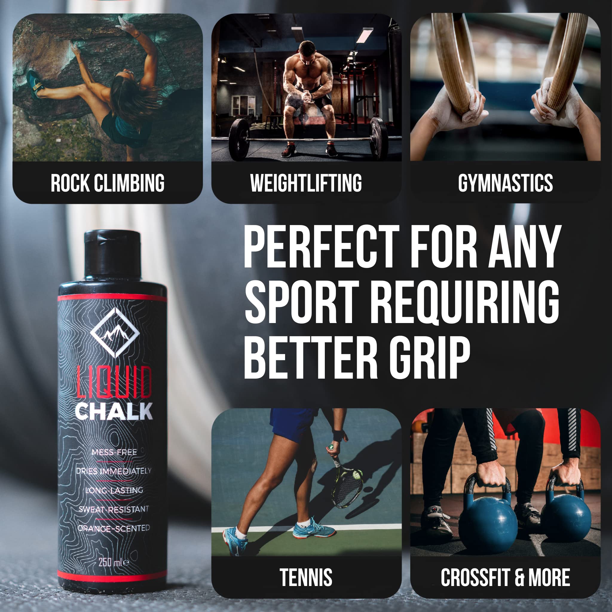 SURVIVOR 250ML Liquid Chalk β Gym Chalk for Weightlifting, Rock Climbing, Bouldering, Gymnastics, Pole Grip, & More - Lifting Chalk & Climbing Chalk for Dry Hands - Liquid Grip Hand Chalk for Lifting