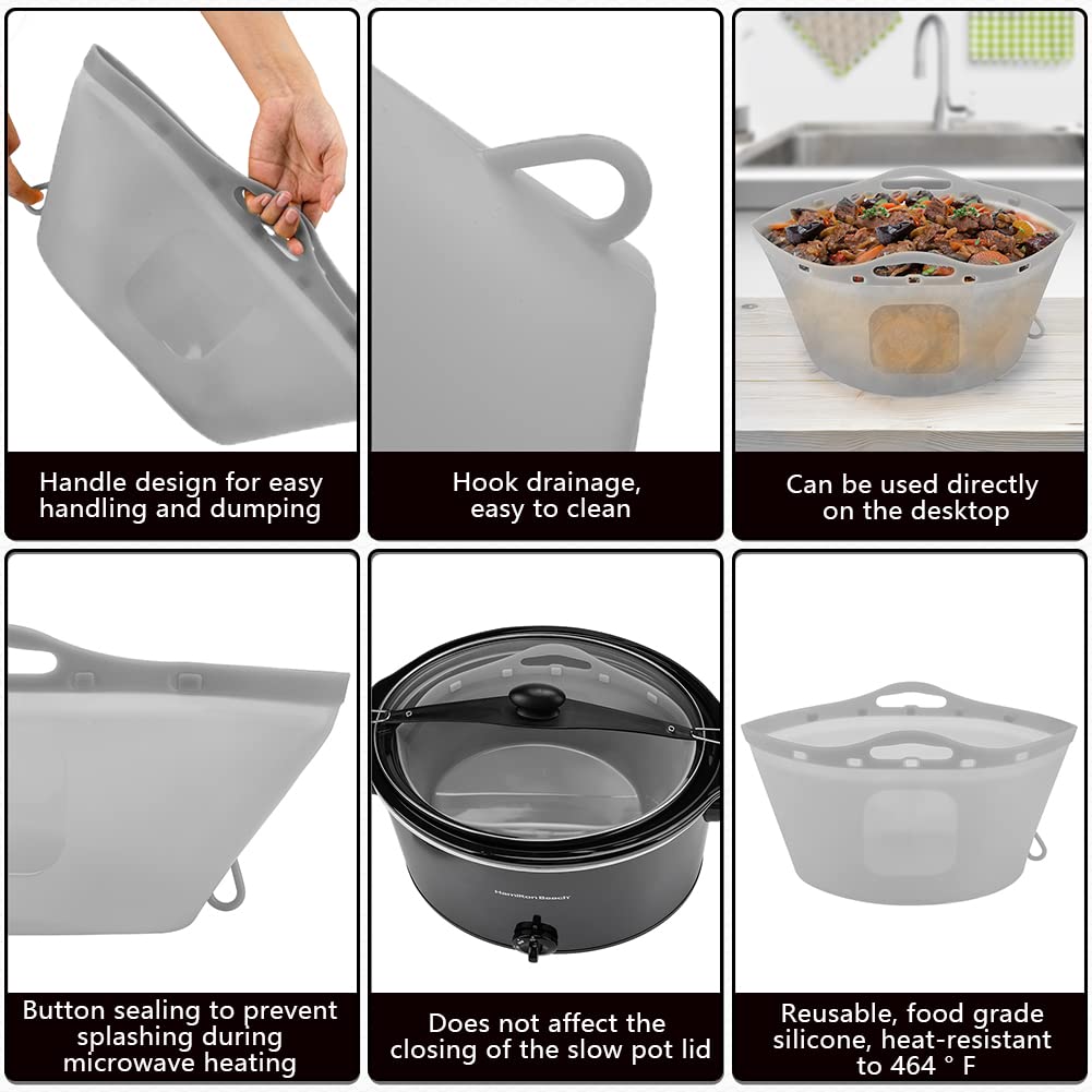Silicone Slow Cooker Liners Fit 6-7-8-10 Quarts, Reusable Slow Cooker Liners with Buttons and Hooks (2, Blue+Black)