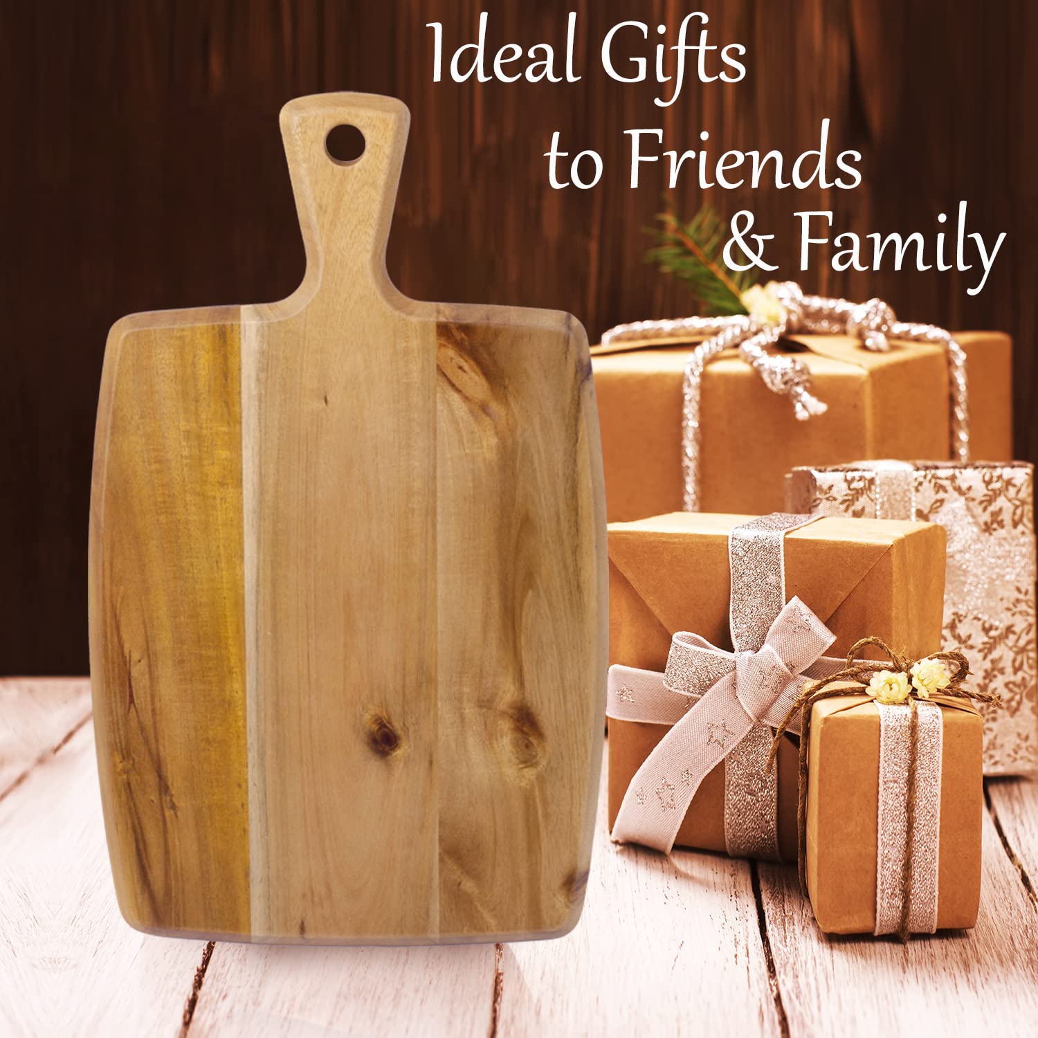 VieWood Acacia Wood Cutting Board with Handle & Hole - Wooden Kitchen Chopping Boards for Meat (Butcher Block) Vegetables and Cheese (17"x10")