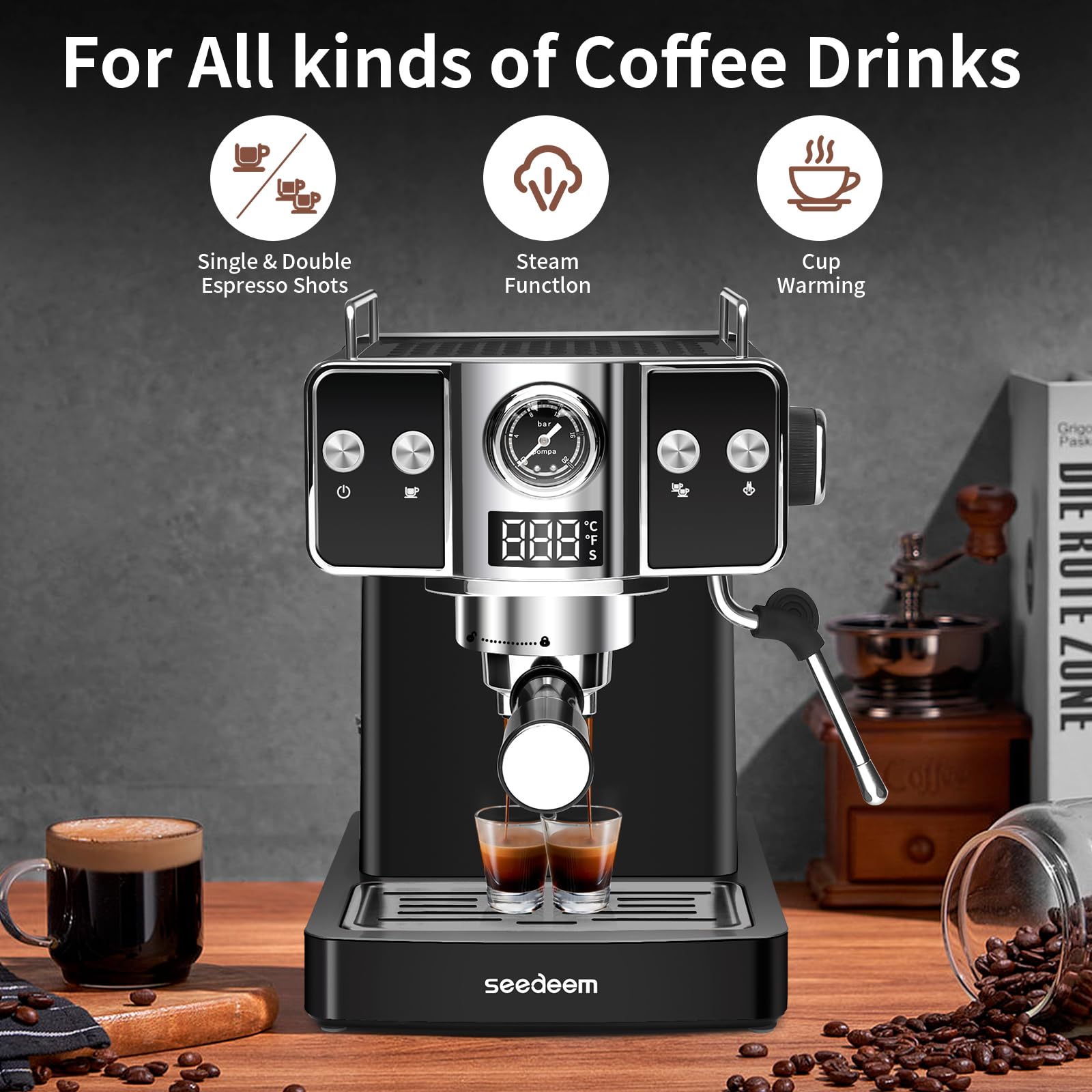 SEEDEEM Espresso Machine,20 Bar Espresso Maker with Milk Frother,Stainless Steel Latte and Cappuccino Machine with 1.8L(60 Fl Oz) Removable Water Tank