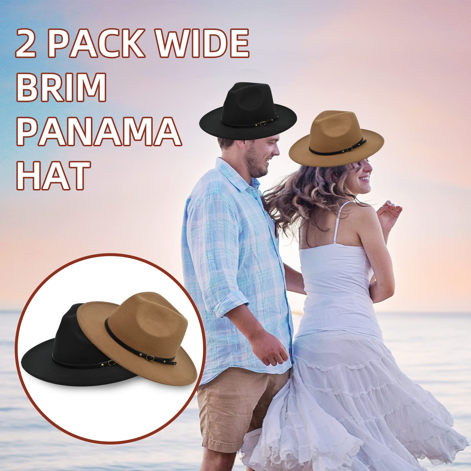 Women Classic Belt Buckle Fedora Hat, 2 Pack Wide Brim Panama Hat Lady Retro Wide Brim Fedora Hat
