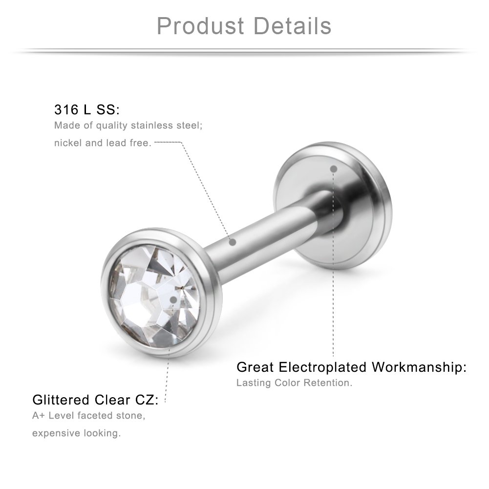 Ruifan 2mm Clear Round CZ Gem Internally Threaded Labret Monroe Lip Ring Tragus Nail Helix Earring Stud Barbell Piercing Jewelry Bar 8mm 16G 12PCS