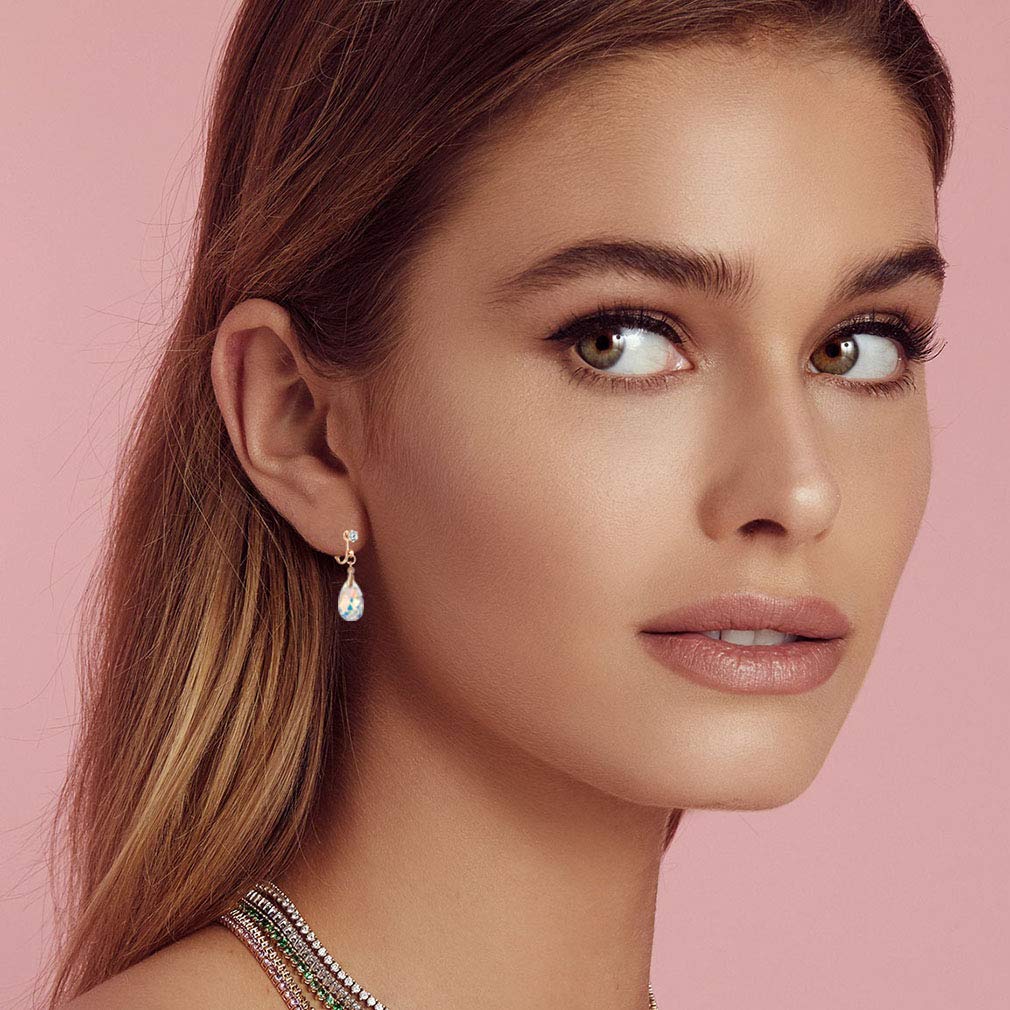 Teardrop Austrian Crystal Drop Clip On Dangle Earrings for Women Non Pierced 14K Rose Gold Plated Hypoallergenic Jewelry (Aurora Borealis)