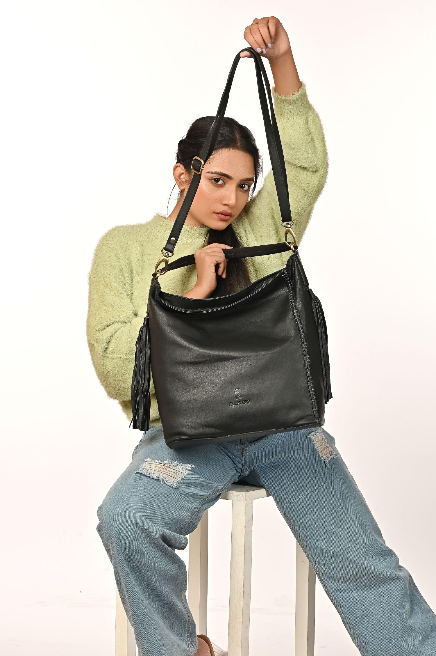 ROLANDO Alexa Women's Hobo Leather Sling Bag (Matt Black)