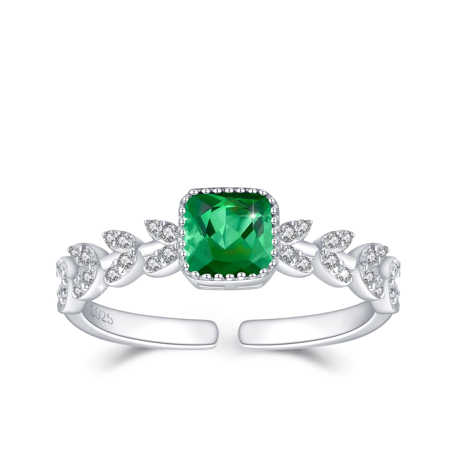TUGHRA Emerald Ring - Sterling Silver Green Vintage Gem Birthstone Ring, Cubic Zirconia Leaf Ring, Adjustable Branch Ring Jewelry For Women, Mother's Day Gift
