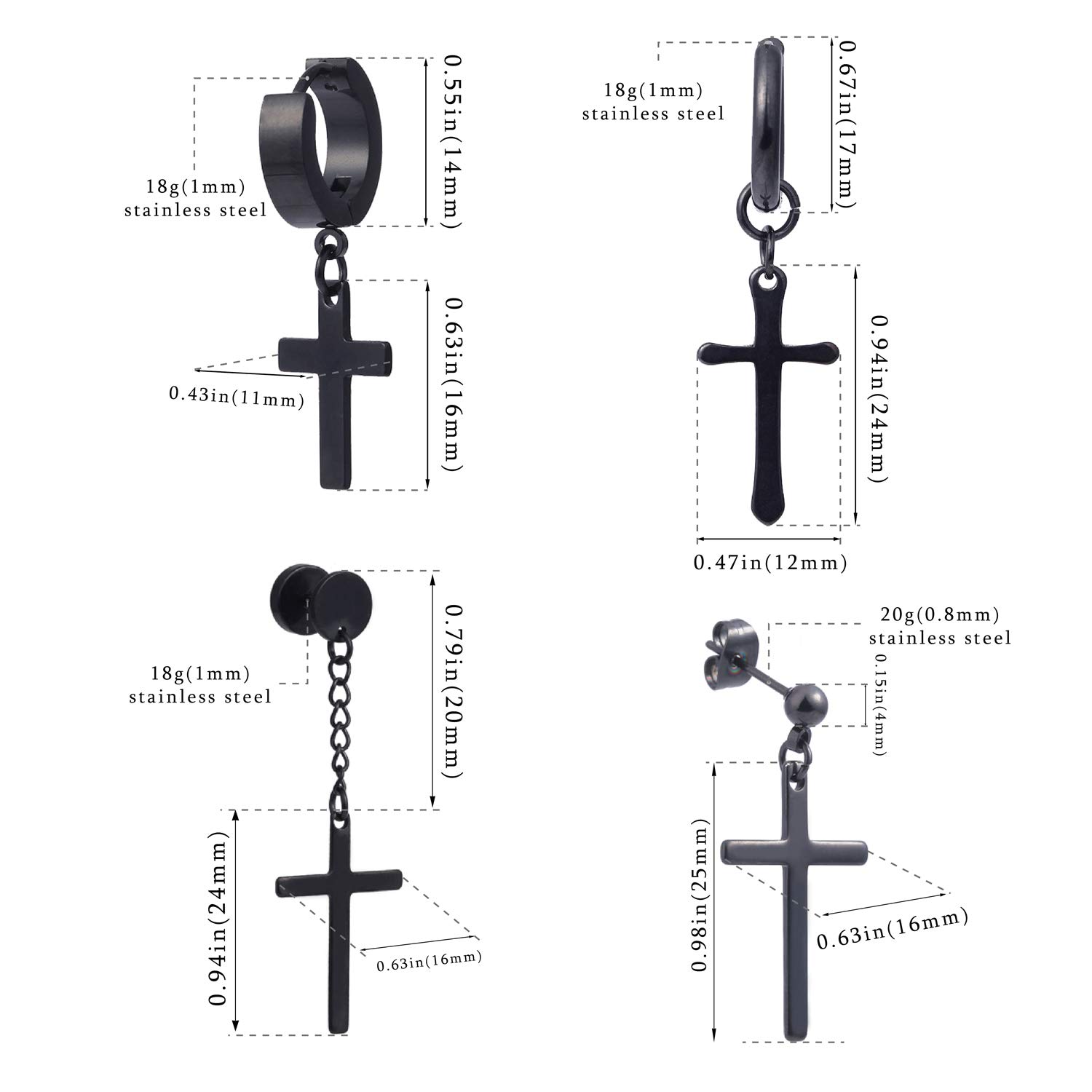 Szory 10 Pairs Stud Hoop Cross Earrings for Men Women Stainless Steel Cubic Zirconia Silver