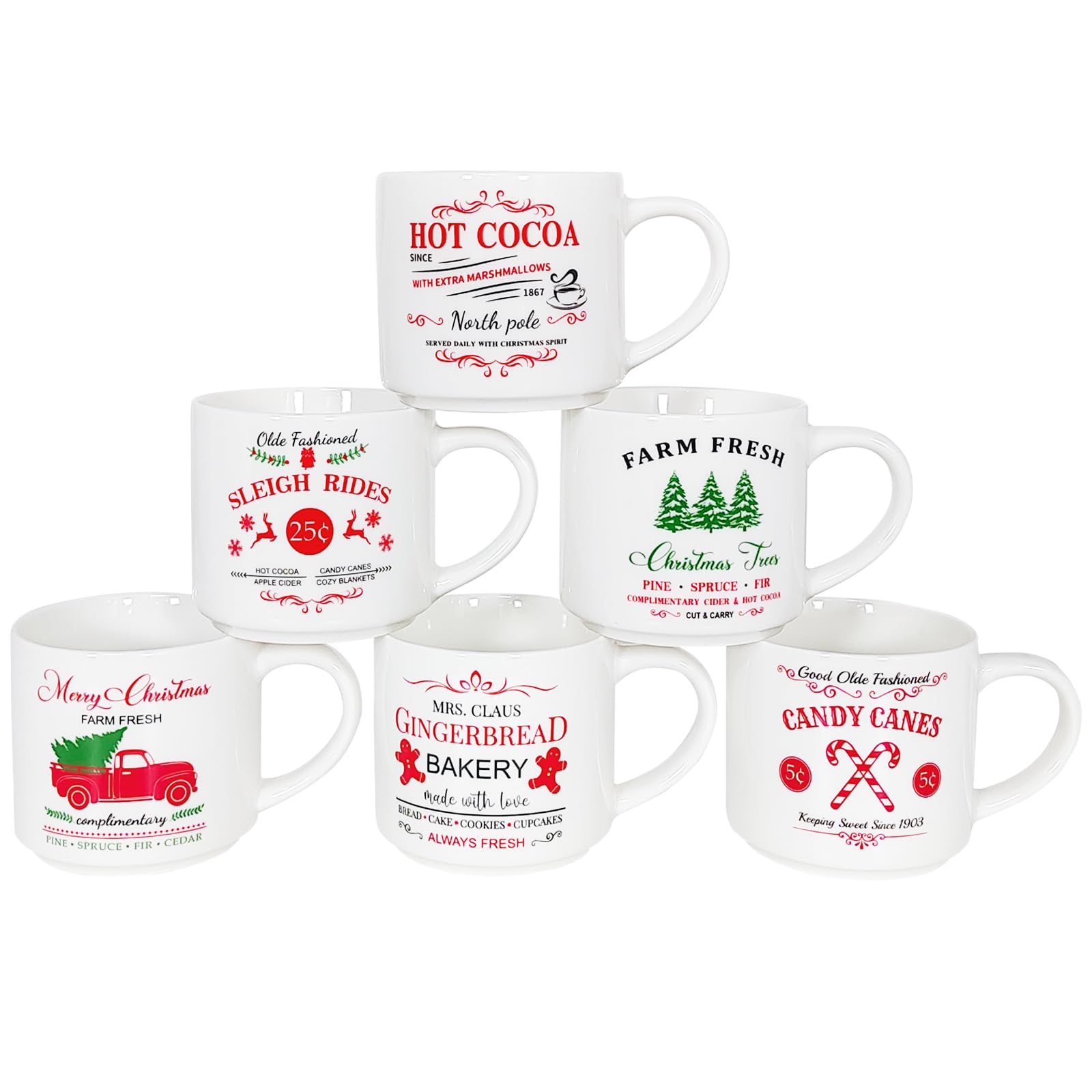 QIKSION Christmas Mug Set of 6, 16oz Hot Cocoa Ceramic Christmas Coffee Mugs, Stackable Holiday Chocolate Mugs as Christmas Gifts for Family, Friends and Colleagues