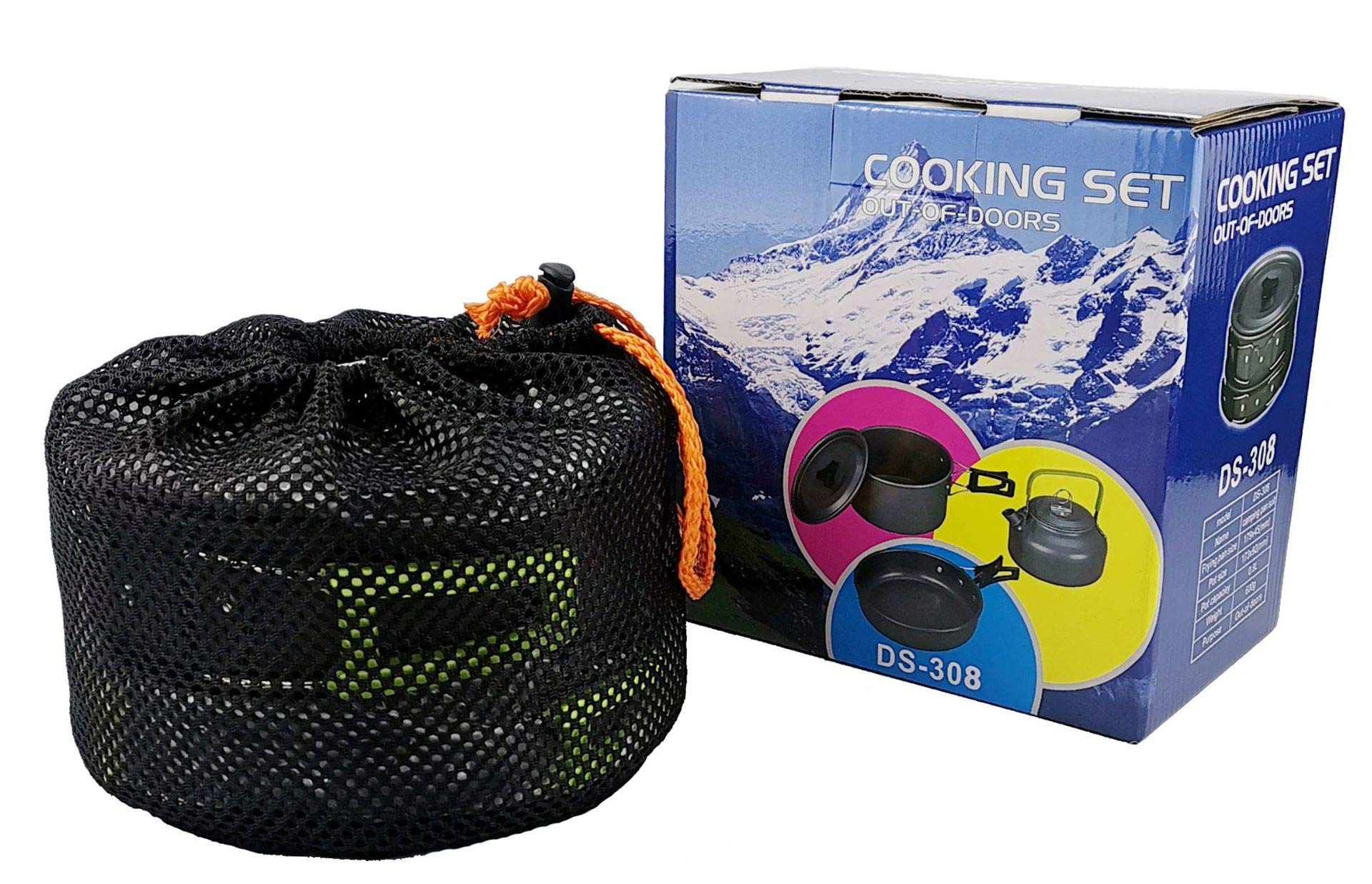 Peidesi Camping Cookware Mess Kit, Portable Camp Stove Pots and Pans Set, Carabiner, Folding Knife, Fork Spoon Kit, Carry Mesh Bag,Teapot for Backpacking, Outdoor Camping, Hiking and Picnic(16Pcs)