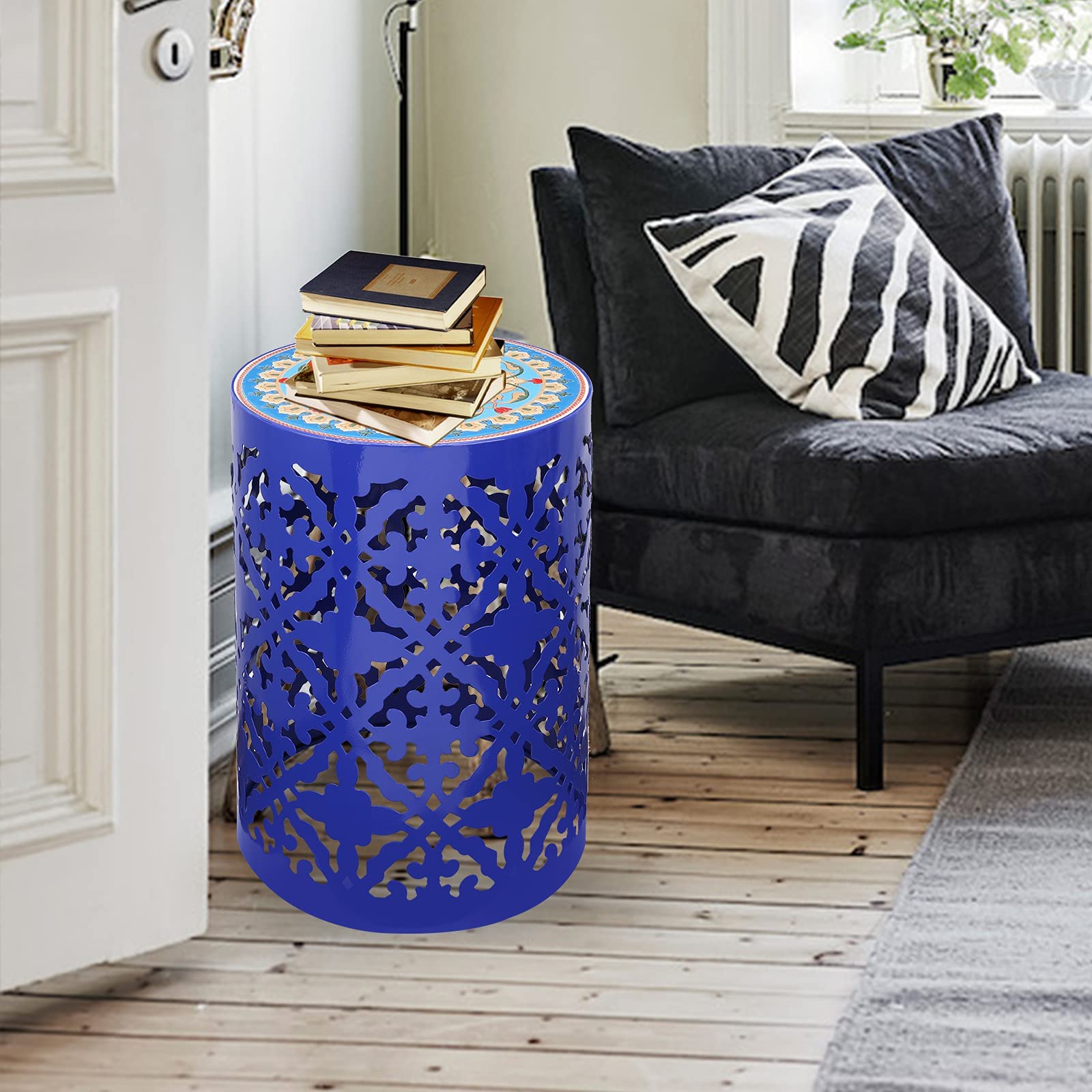 Patio Accent Table Outdoor Mosaic Side Table Metal End Table Lace Cut Outside SideTable with Tile Top Outdoor Coffee Table Garden Stool