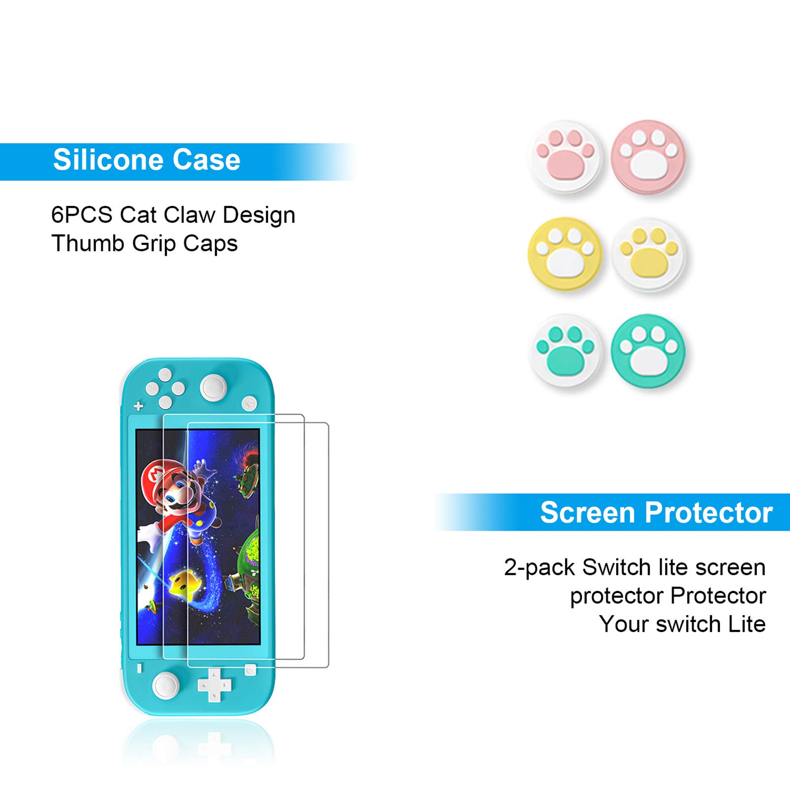 Switch Lite Accessories Bundle kit - Case & Screen Protector Compatible with Nintendo Switch Lite, Table Stand, Games Holder, TPU Grip Case, 6 pcs Cult Cat Thumb-Grip & More (Hestia Goods Gift Pack)