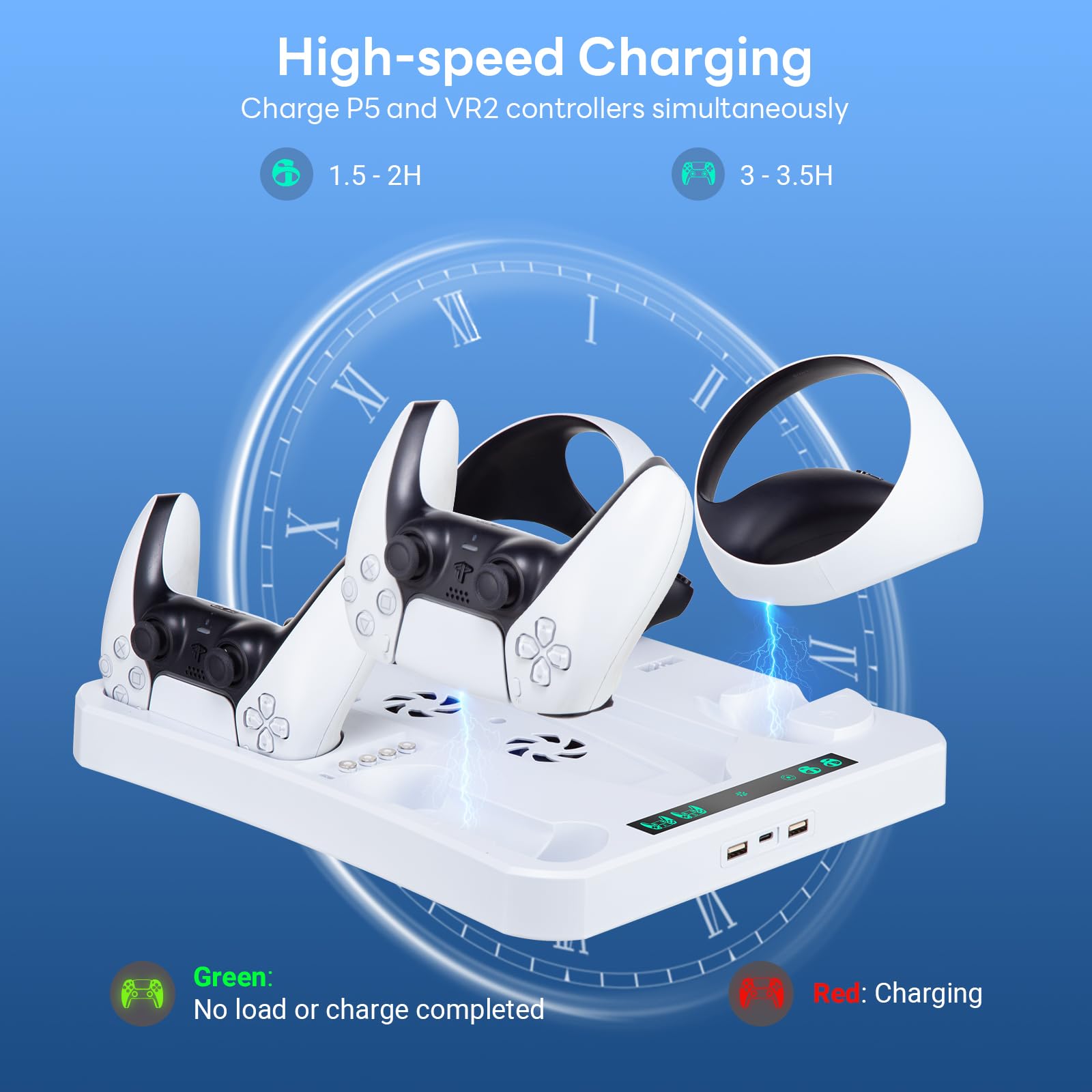 PS-5 Accessories Cooling Station, PSVR2 Charging Station for P5 Controller & PSVR 2, Play-station VR2 Headset Headphones Holder,8 Game Racks Storage,PS-5 Vertical Stand with Cooling Fan